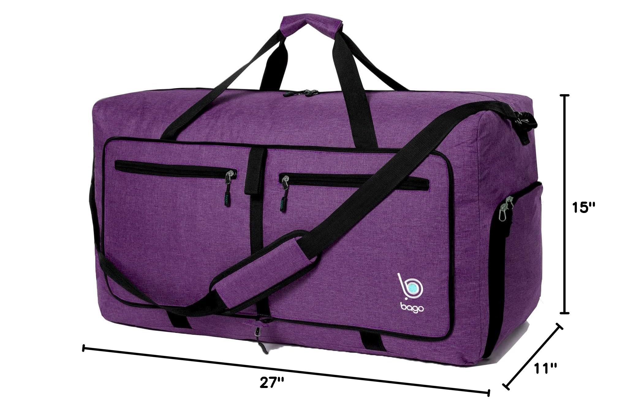 Bago Travel Duffel Bags for Traveling Women & Men- Foldable Weekender Bag - 80L 27" Large Duffle Bag For Travel & Camping Bag - Packable Lightweight Overnight Luggage bag (SnowDepPurple)
