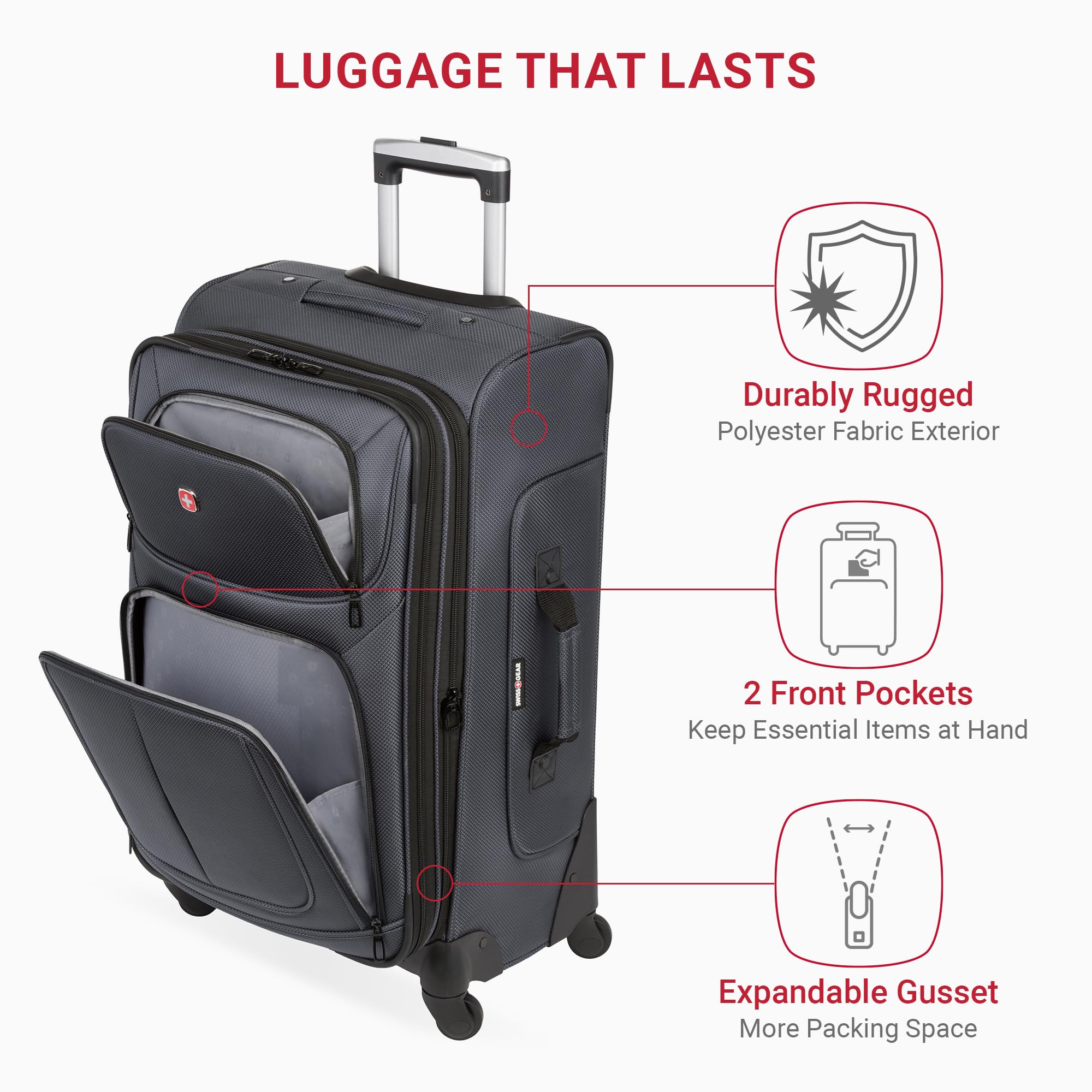 SwissGear Sion Softside Expandable Roller Luggage, Dark Grey, Checked-Medium 25-Inch