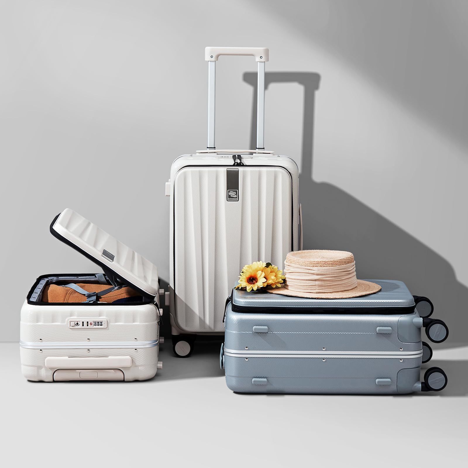 Hanke Carry On Luggage, Suitcase with Wheels & Front Opening, 20in Spinner Luggage Built in TSA Aluminum Frame PC Hardside Rolling Suitcases Travel Bag - Ivory white