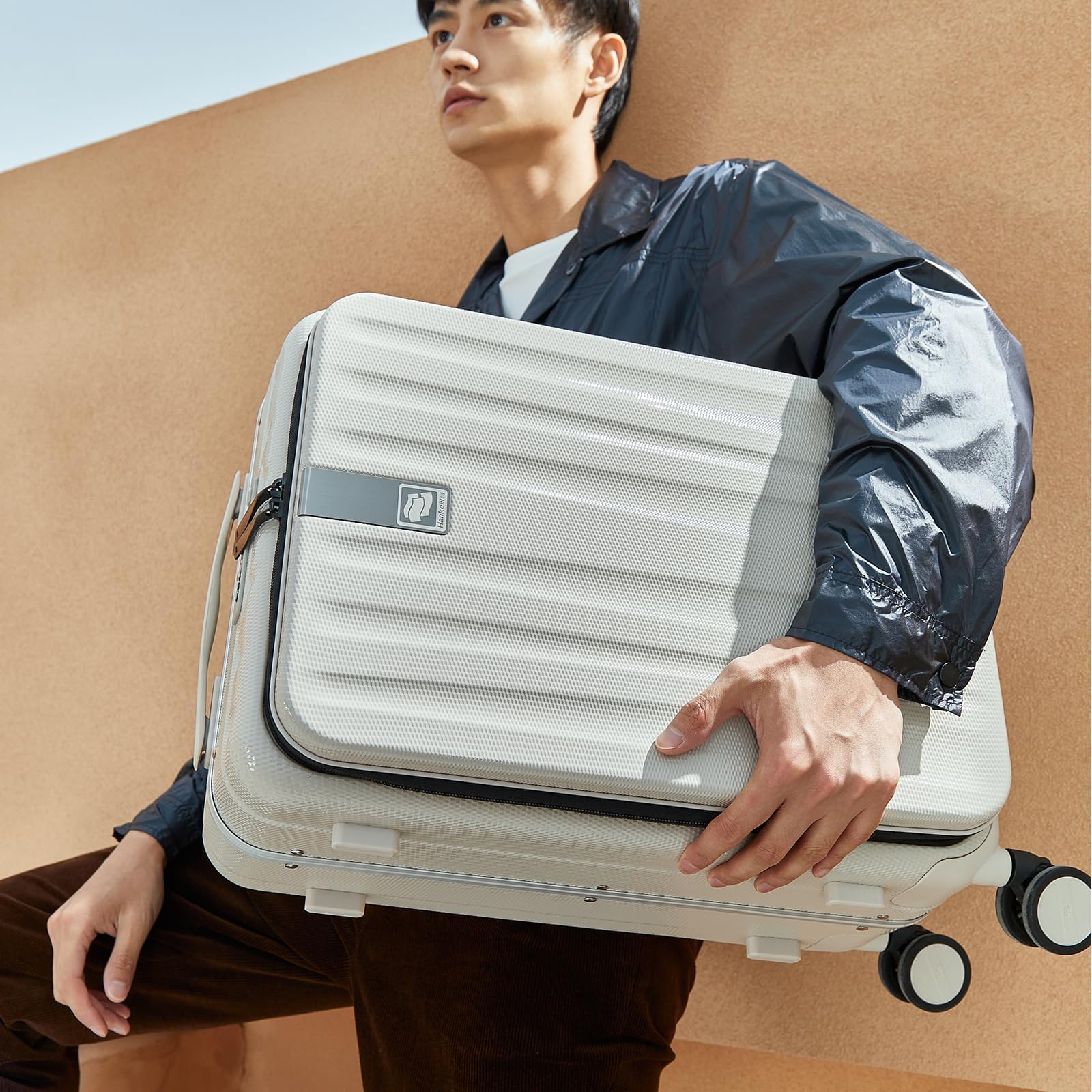 Hanke Carry On Luggage, Suitcase with Wheels & Front Opening, 20in Spinner Luggage Built in TSA Aluminum Frame PC Hardside Rolling Suitcases Travel Bag - Ivory white