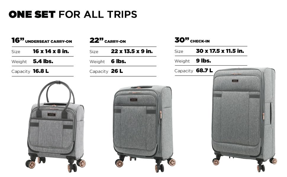 kensie Women's Hudson Softside 3-Piece Spinner Luggage Set, Heather Gray, (16/20/28)