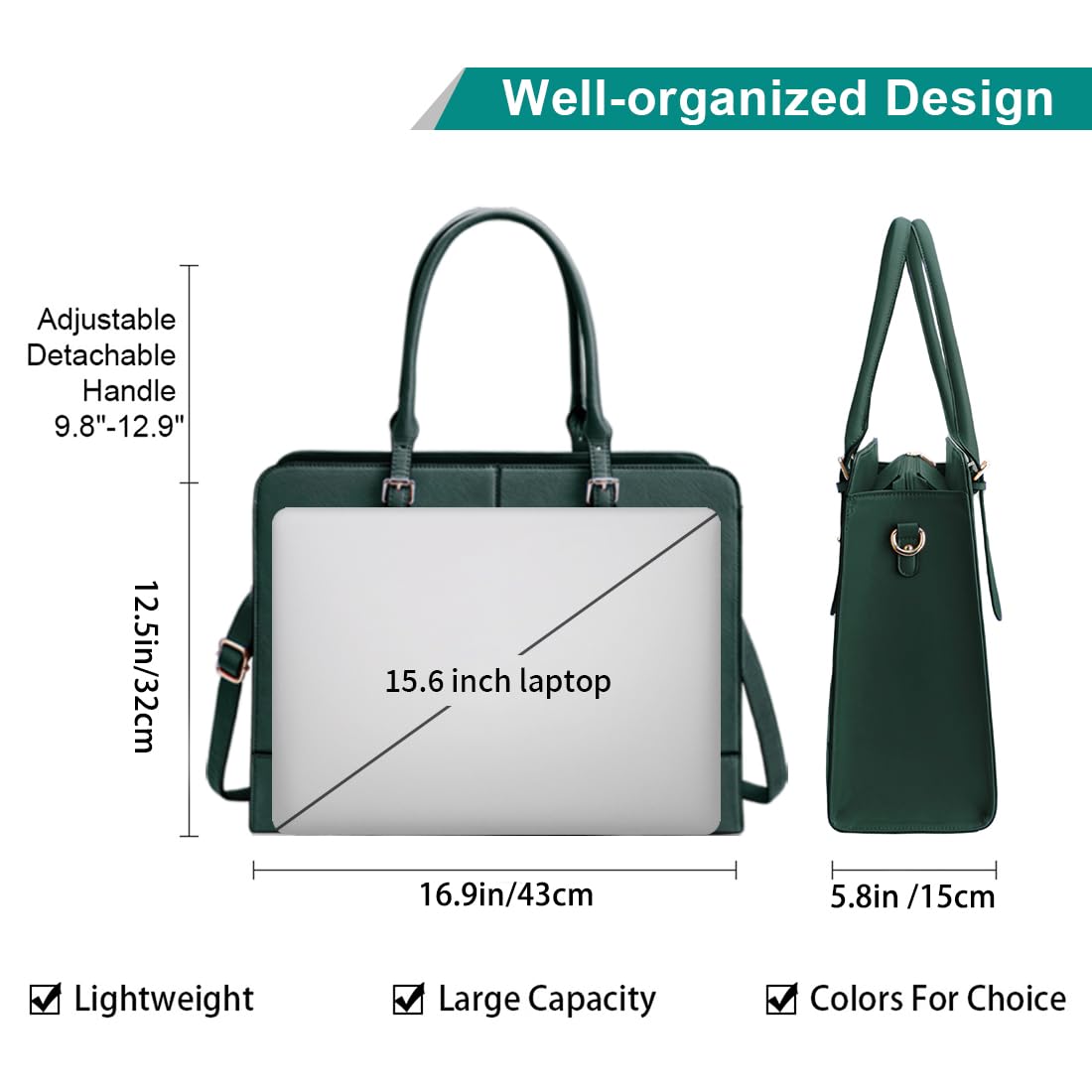 Women Laptop Bag Leather Work Tote 15.6 Inch Laptop Computer Bag Business Shoulder Messenger Bag (DeepGreen)