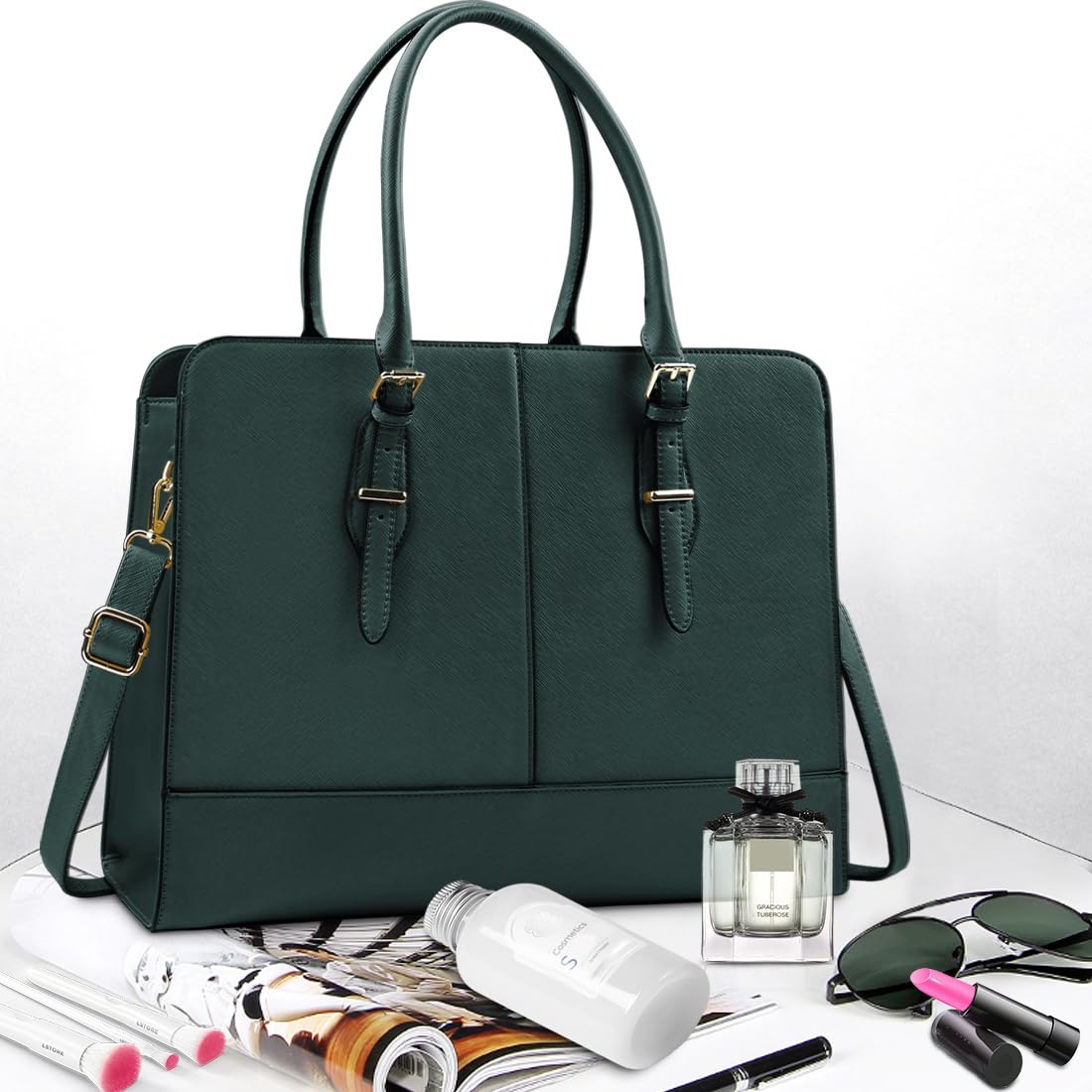 Women Laptop Bag Leather Work Tote 15.6 Inch Laptop Computer Bag Business Shoulder Messenger Bag (DeepGreen)