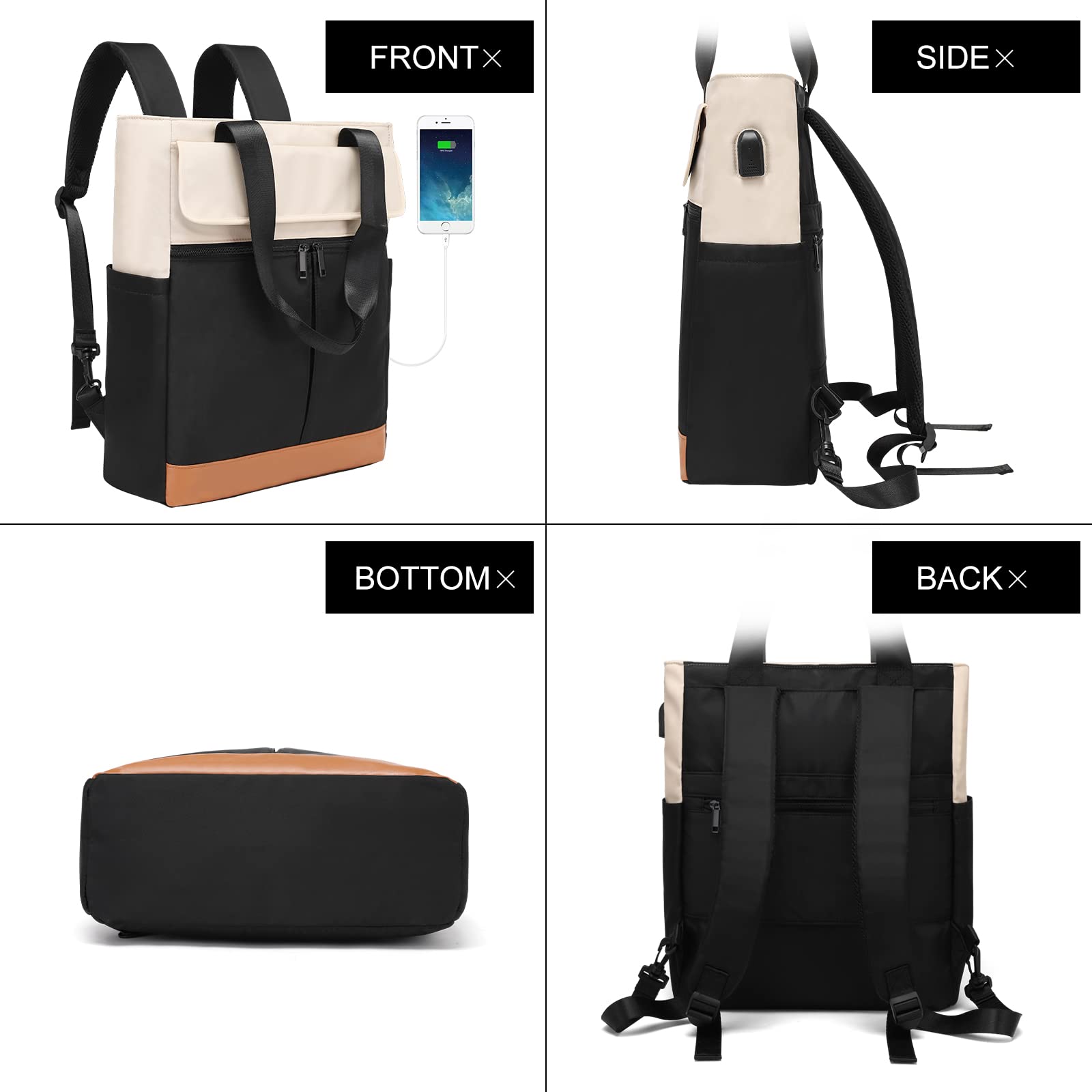 CYUREAY Women's Convertible Daypack Laptop Backpack, College School Computer Backpack with USB Charging Port, Fits 15.6 Inch Laptop, Black