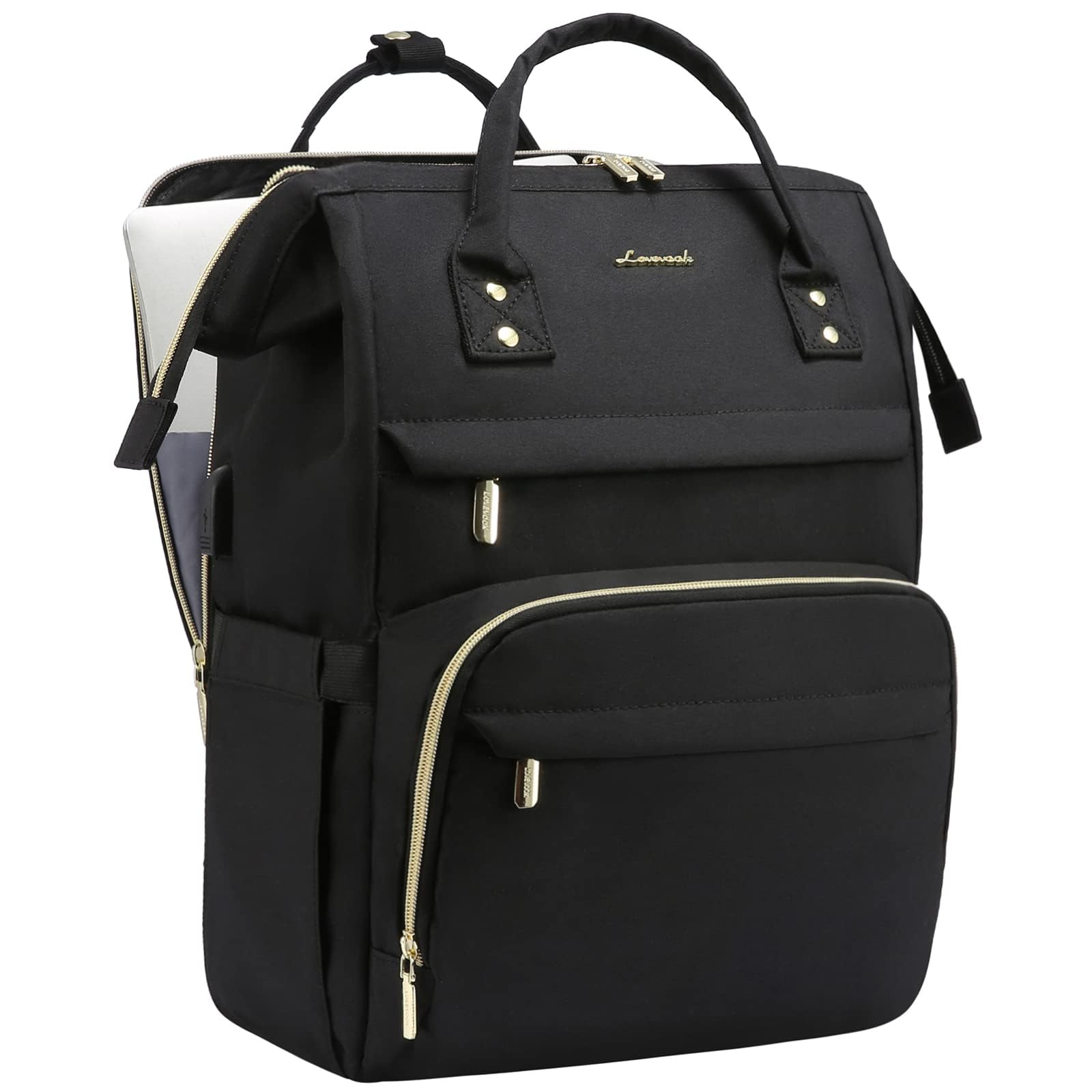 LOVEVOOK Laptop Backpack Women, 15.6 Inch Computer Backpack with Charger, Water Resistant Teacher Bag Work Backpack with Laptop Compartment for Travel Business College Bookbag, Black