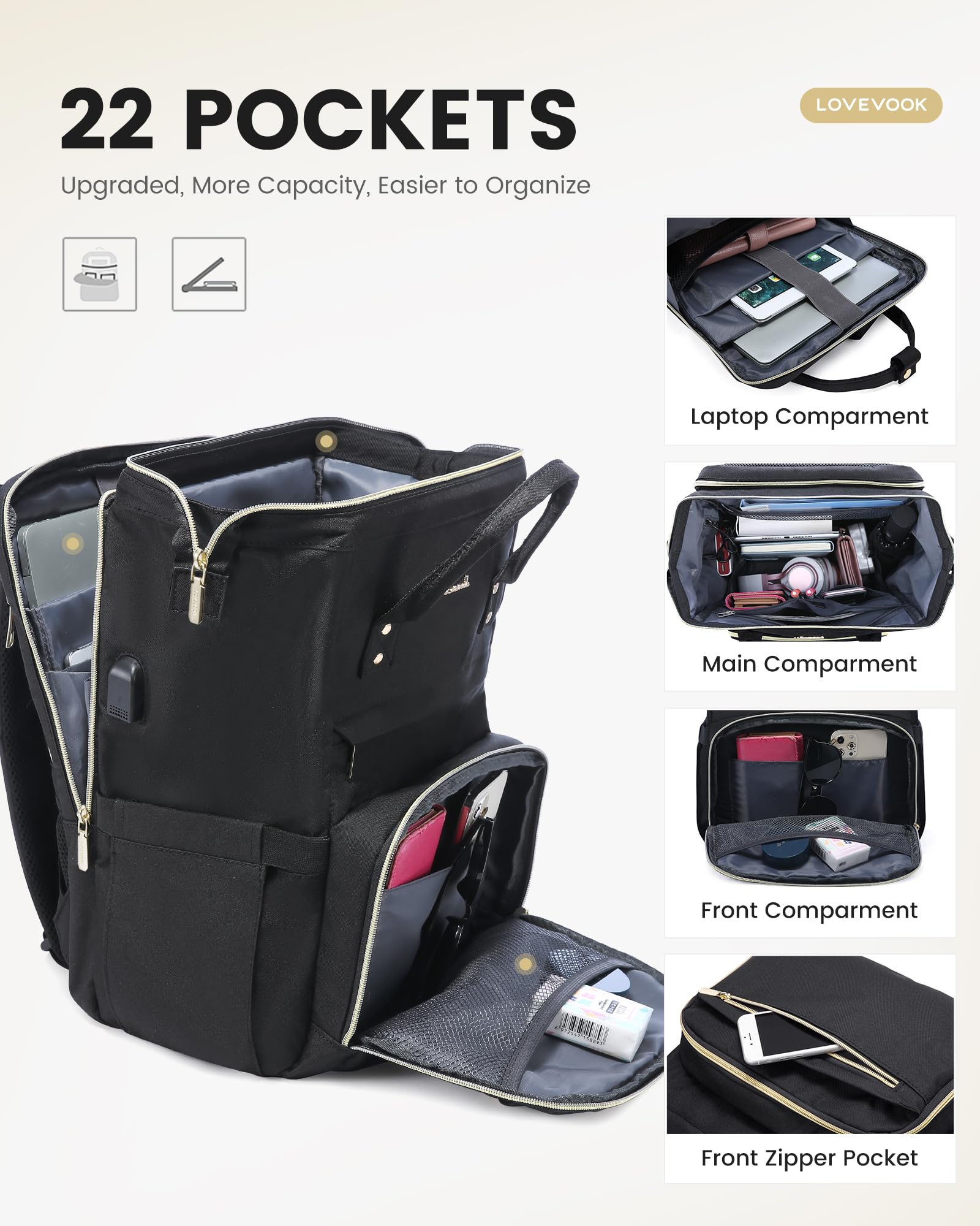 LOVEVOOK Laptop Backpack Women, 15.6 Inch Computer Backpack with Charger, Water Resistant Teacher Bag Work Backpack with Laptop Compartment for Travel Business College Bookbag, Black