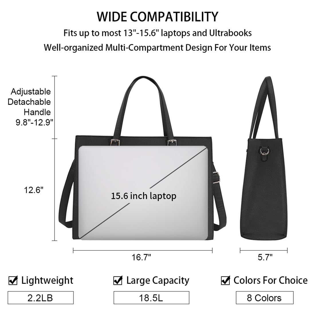 Laptop Bag for Women Waterproof Lightweight Leather 15.6 Inch Computer Tote Bag Business Office Briefcase Large Capacity Handbag Shoulder Bag Professional Office Work Bag Black