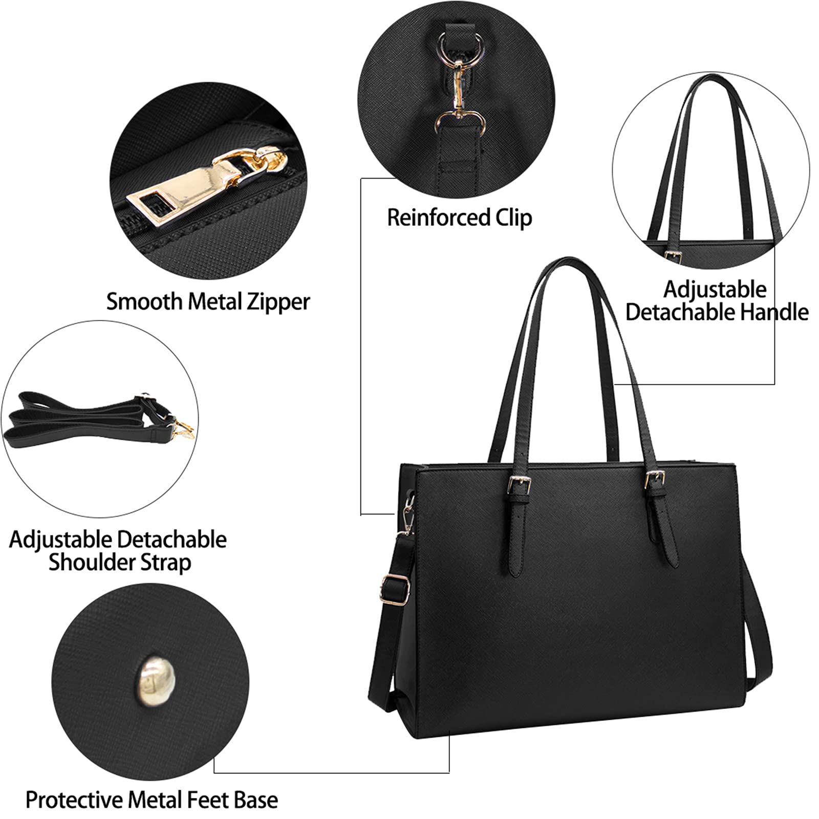 Laptop Bag for Women Waterproof Lightweight Leather 15.6 Inch Computer Tote Bag Business Office Briefcase Large Capacity Handbag Shoulder Bag Professional Office Work Bag Black