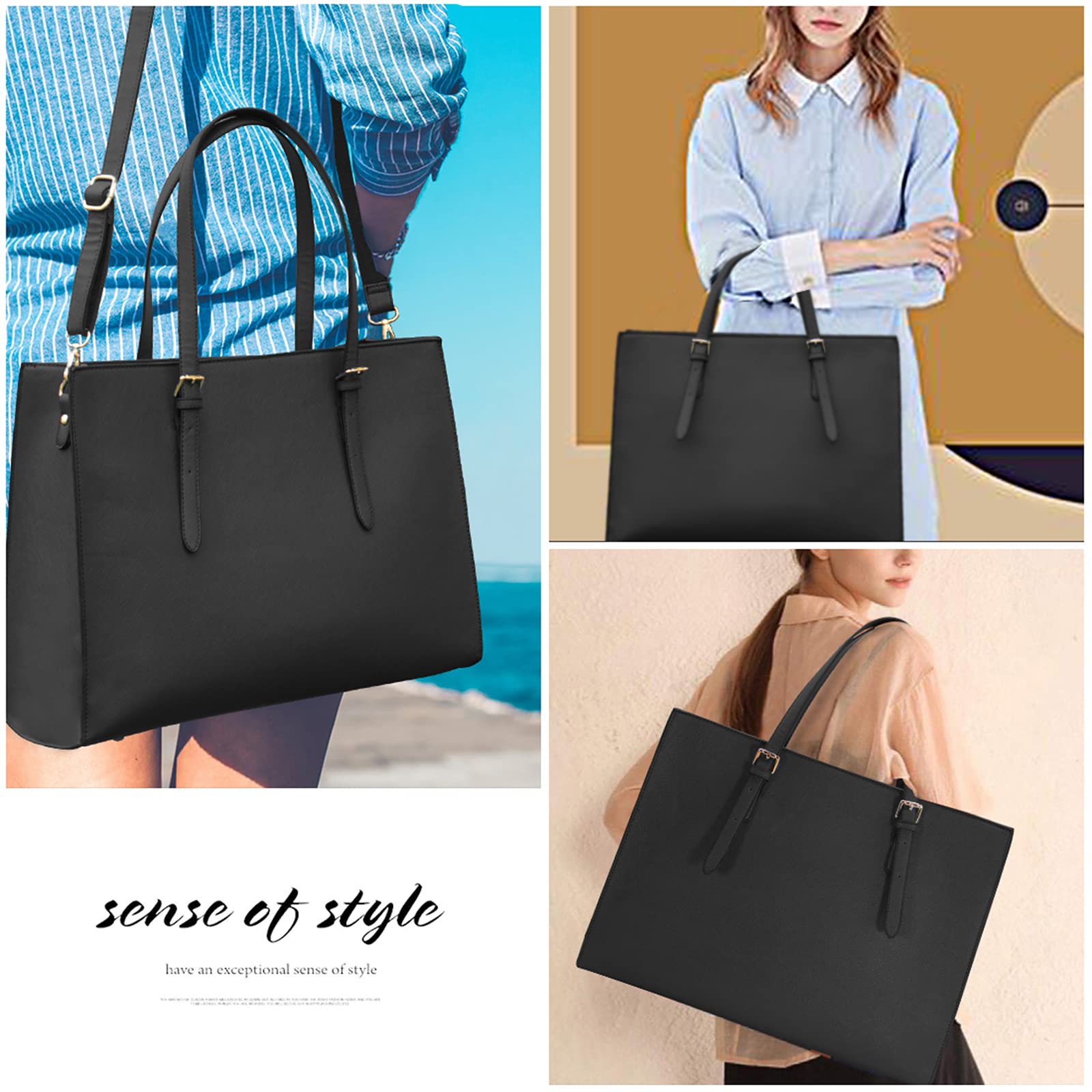 Laptop Bag for Women Waterproof Lightweight Leather 15.6 Inch Computer Tote Bag Business Office Briefcase Large Capacity Handbag Shoulder Bag Professional Office Work Bag Black