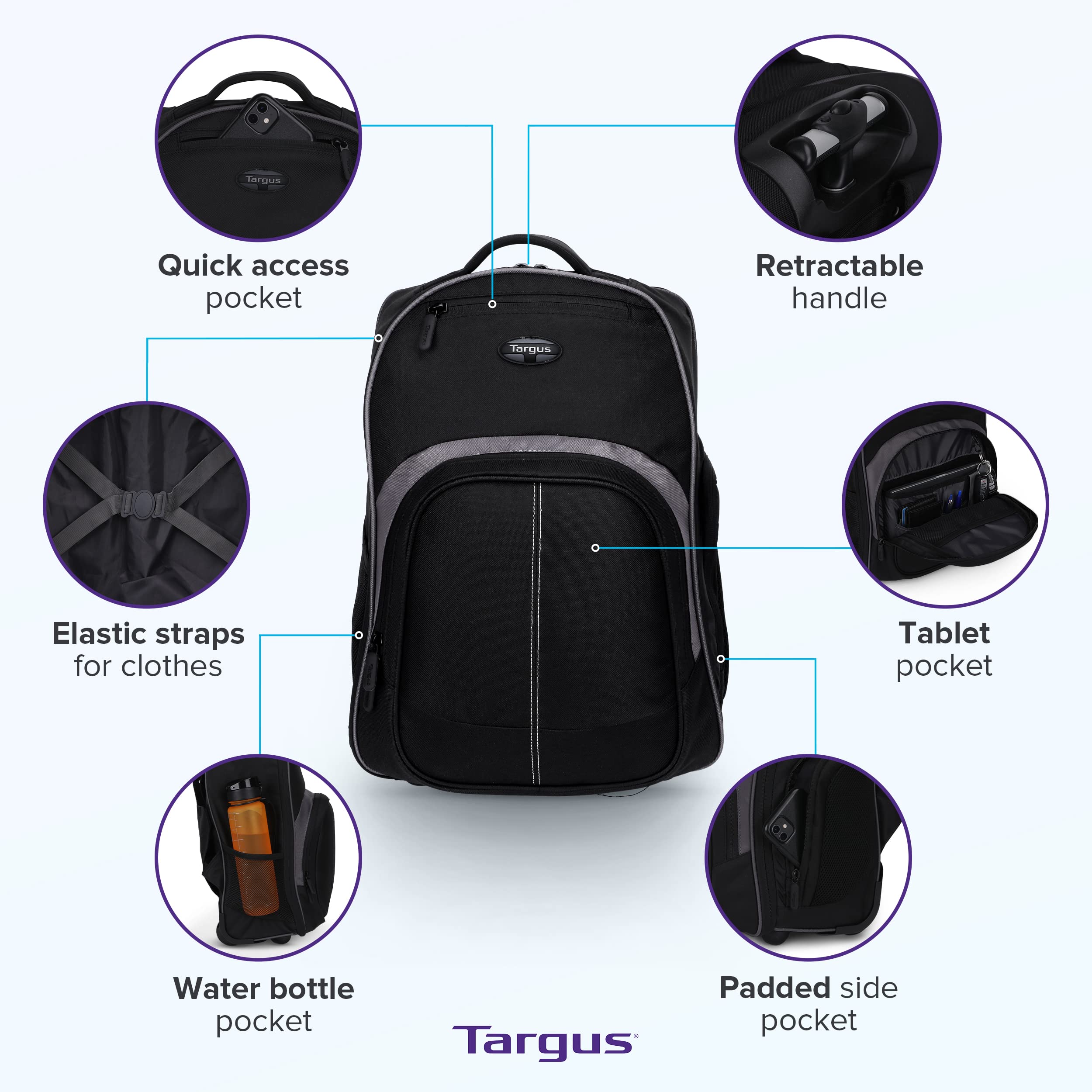 Targus Compact Rolling Backpack for Business, College Student and Travel Commuter Wheeled Bag, Durable Material, Tablet Pocket, Removable Laptop Protective Sleeve for 16-Inch Laptop, Black (TSB750US)