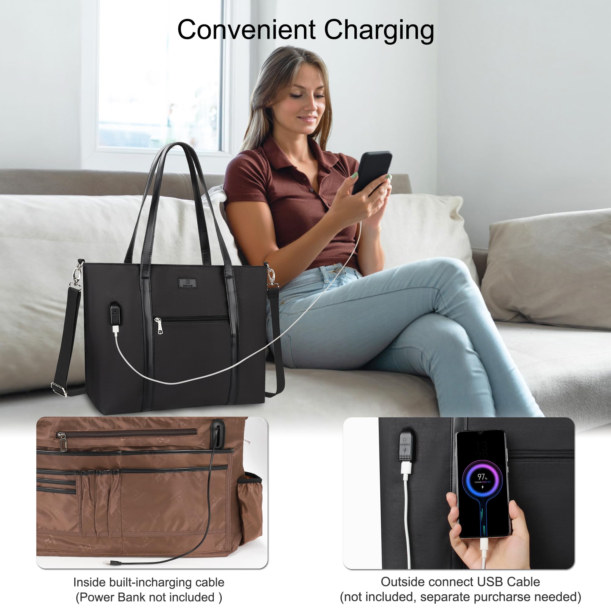 Laptop Tote Bag, Large Women Work Bag Purse Teacher Bag with USB 17.3 Inch Laptopp Bag Computer Work Briefcase Handbag Satchel Shoulder Bag(17.3 inch, Black)