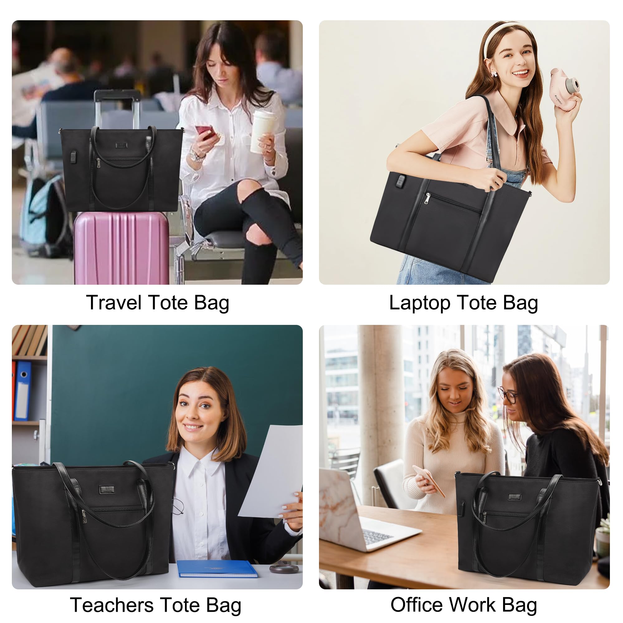 Laptop Tote Bag, Large Women Work Bag Purse Teacher Bag with USB 17.3 Inch Laptopp Bag Computer Work Briefcase Handbag Satchel Shoulder Bag(17.3 inch, Black)