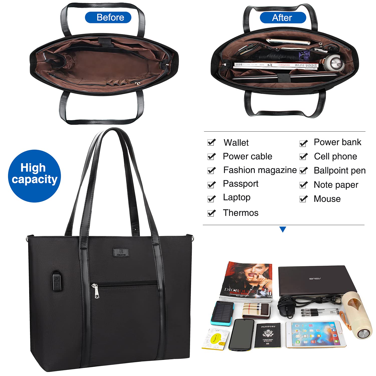 Laptop Tote Bag, Large Women Work Bag Purse Teacher Bag with USB 17.3 Inch Laptopp Bag Computer Work Briefcase Handbag Satchel Shoulder Bag(17.3 inch, Black)