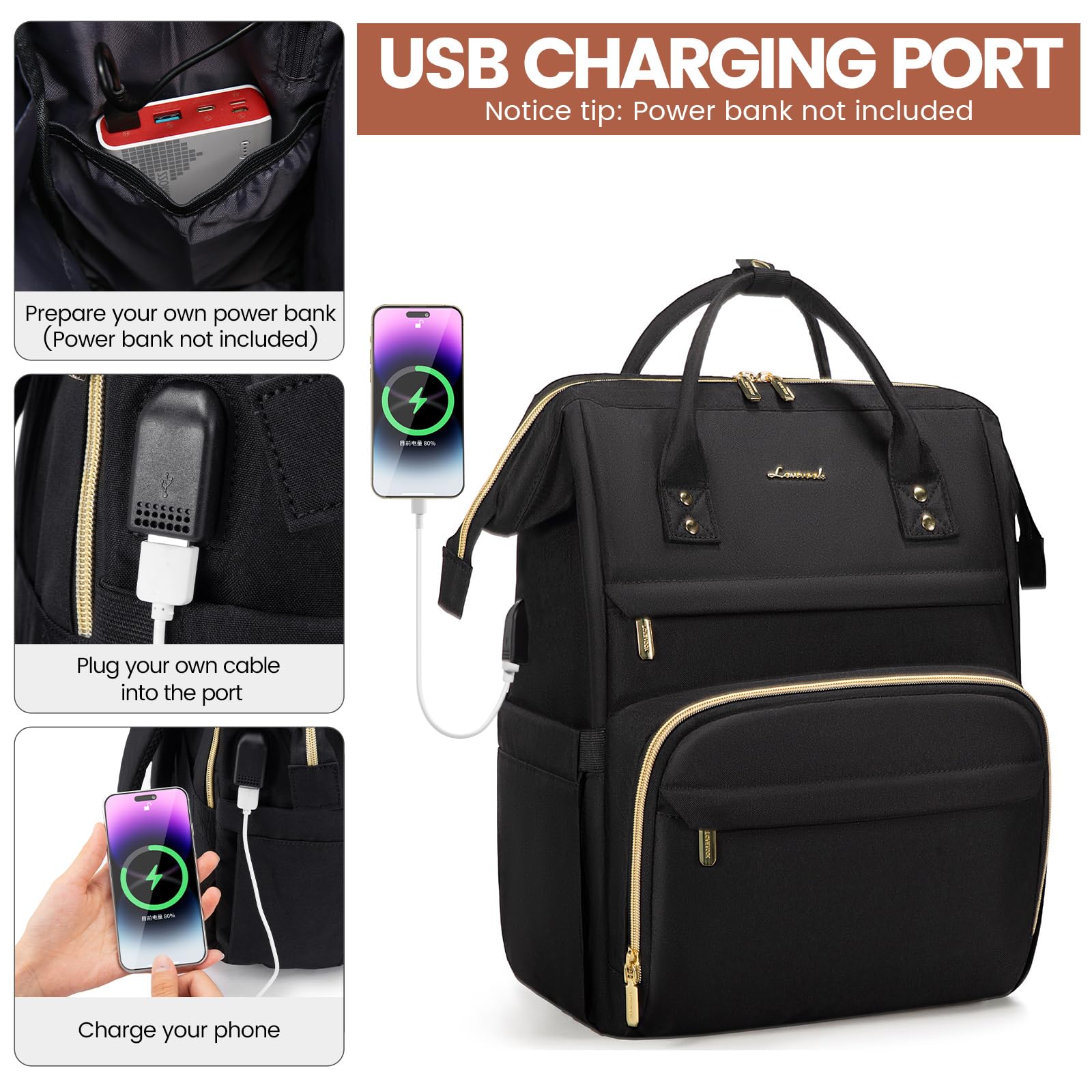 LOVEVOOK Laptop Backpack for Women Fashion Travel Bags Business Computer Purse Work Bag with USB Port, Black