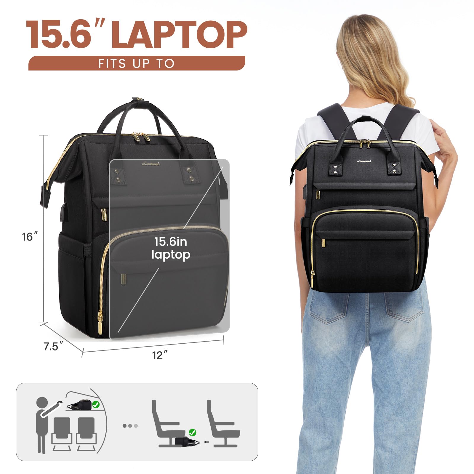 LOVEVOOK Laptop Backpack for Women Fashion Travel Bags Business Computer Purse Work Bag with USB Port, Black