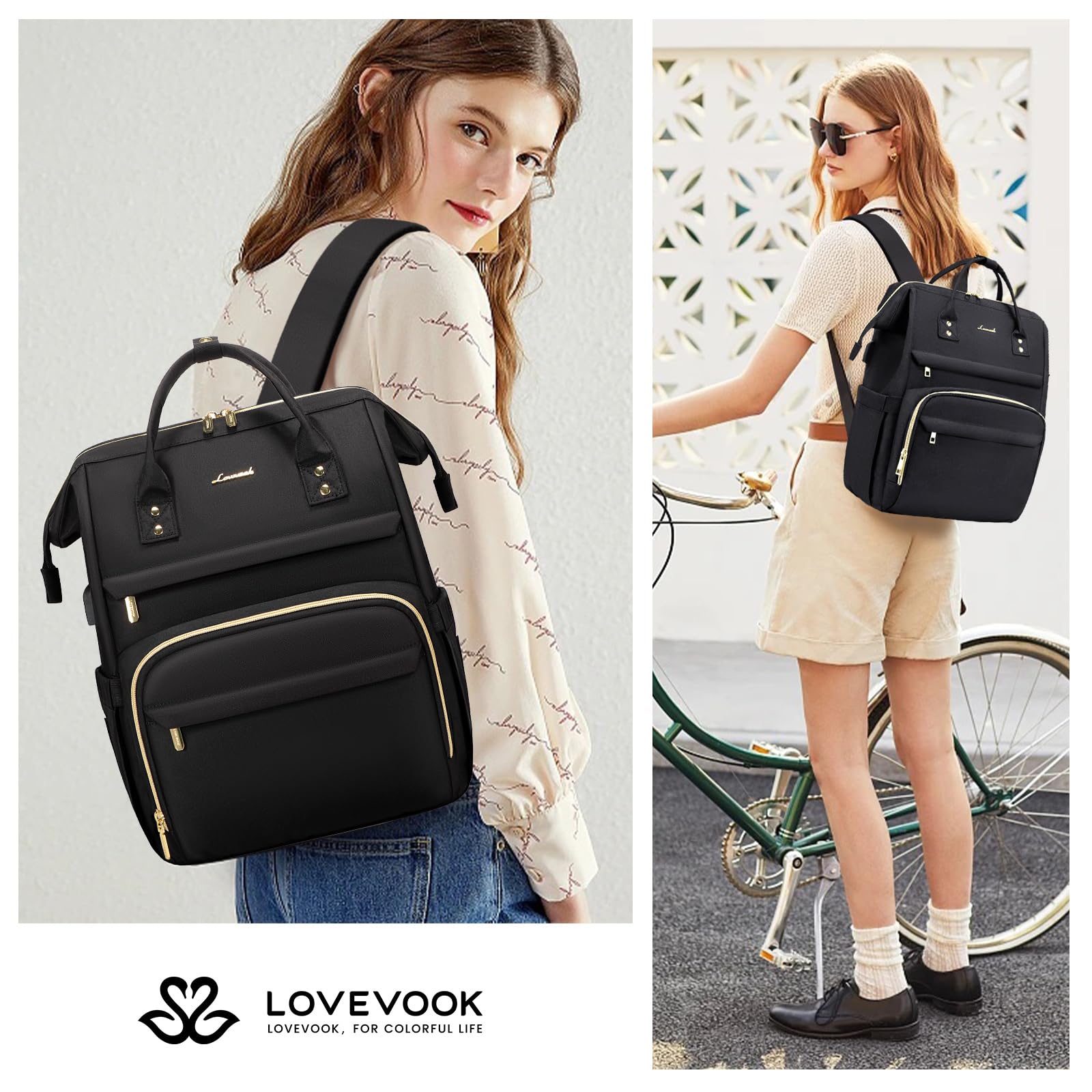 LOVEVOOK Laptop Backpack for Women Fashion Travel Bags Business Computer Purse Work Bag with USB Port, Black