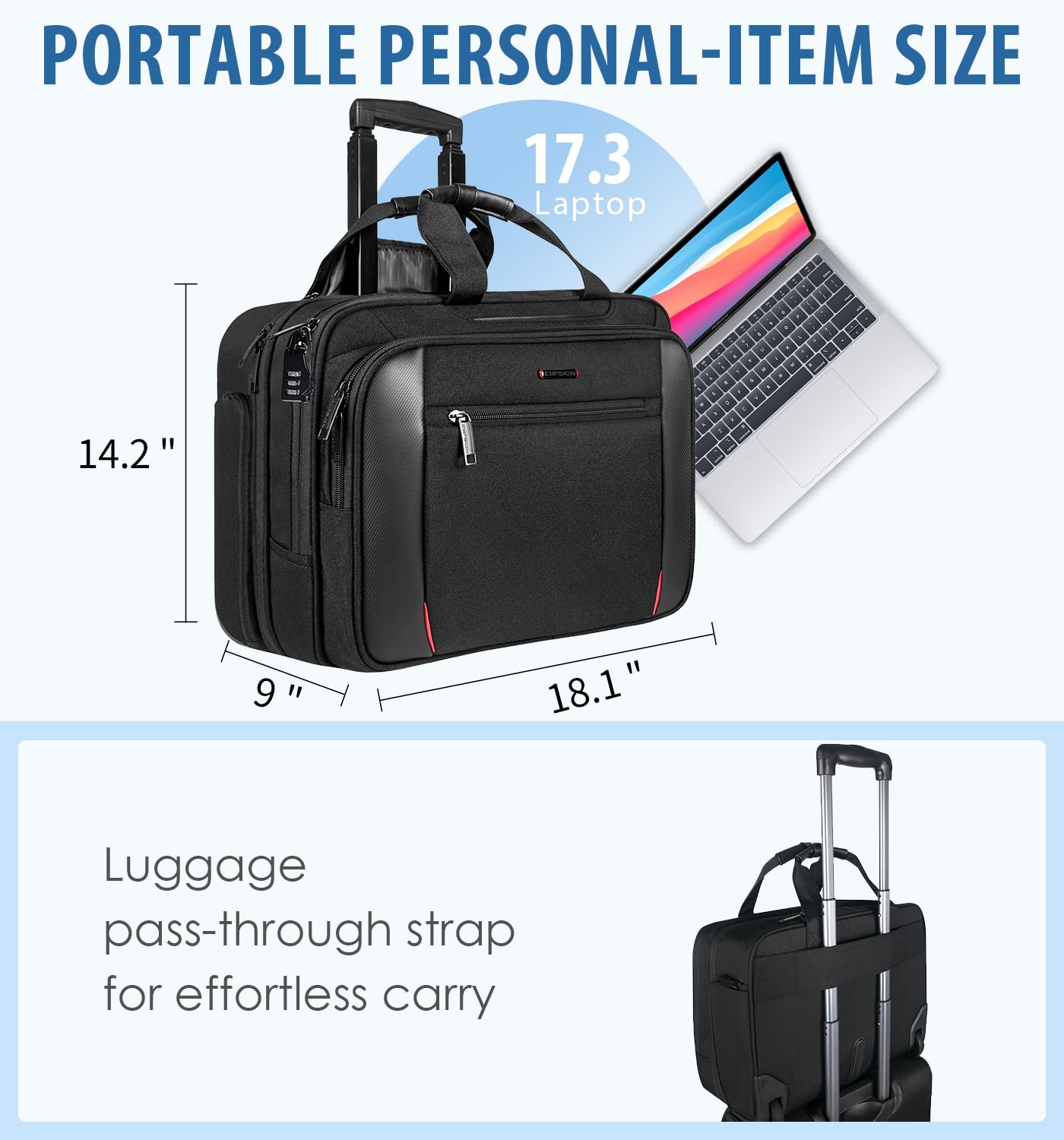 EMPSIGN Rolling Laptop Bag, 17.3 inch Computer Bag for Men & Women, Water Repellent Travel Bag with RFID Blocking Pocket, Overnight Bags with Wheels, Briefcase for Business/Commute/Travel/School-Black