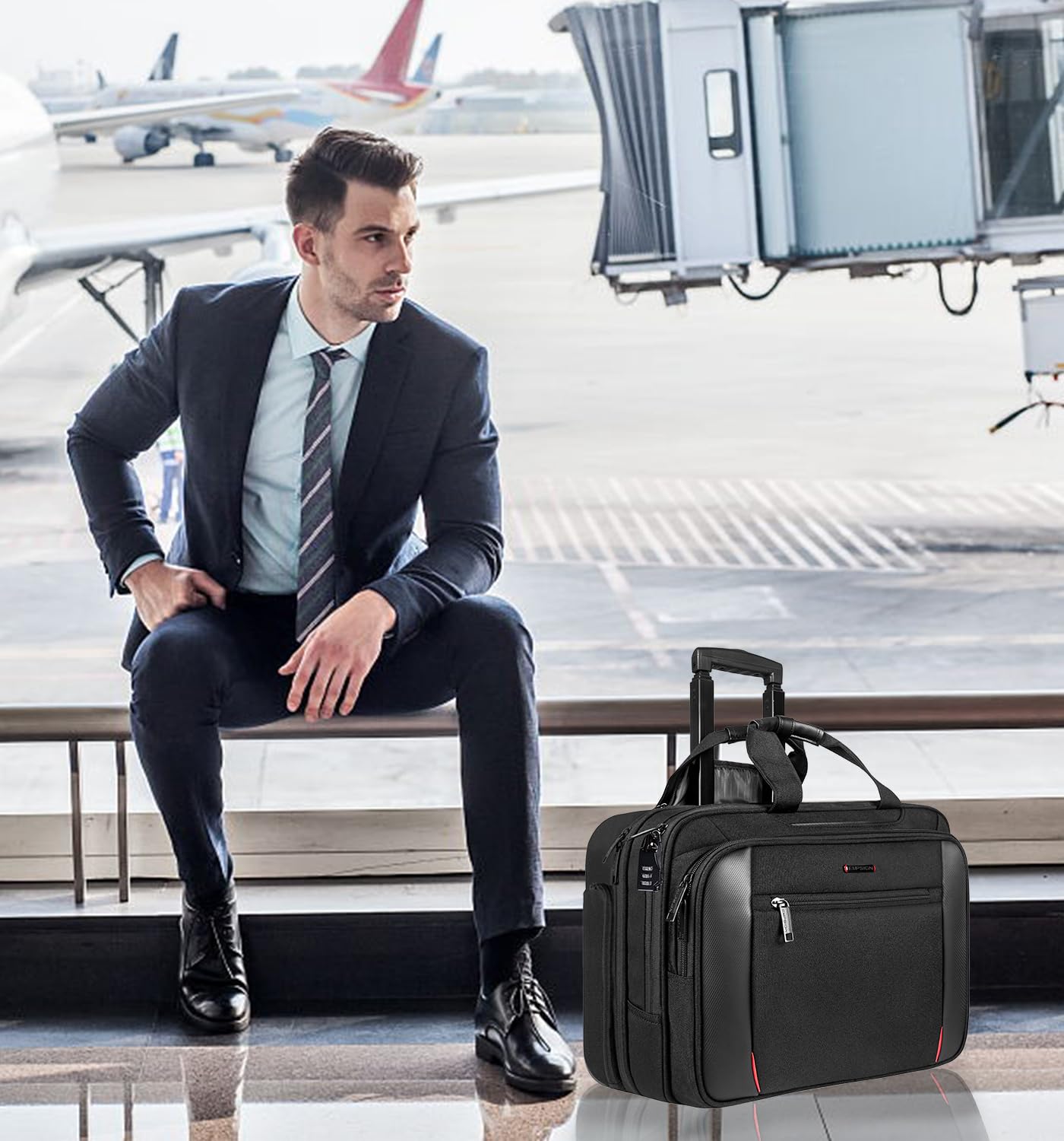 EMPSIGN Rolling Laptop Bag, 17.3 inch Computer Bag for Men & Women, Water Repellent Travel Bag with RFID Blocking Pocket, Overnight Bags with Wheels, Briefcase for Business/Commute/Travel/School-Black