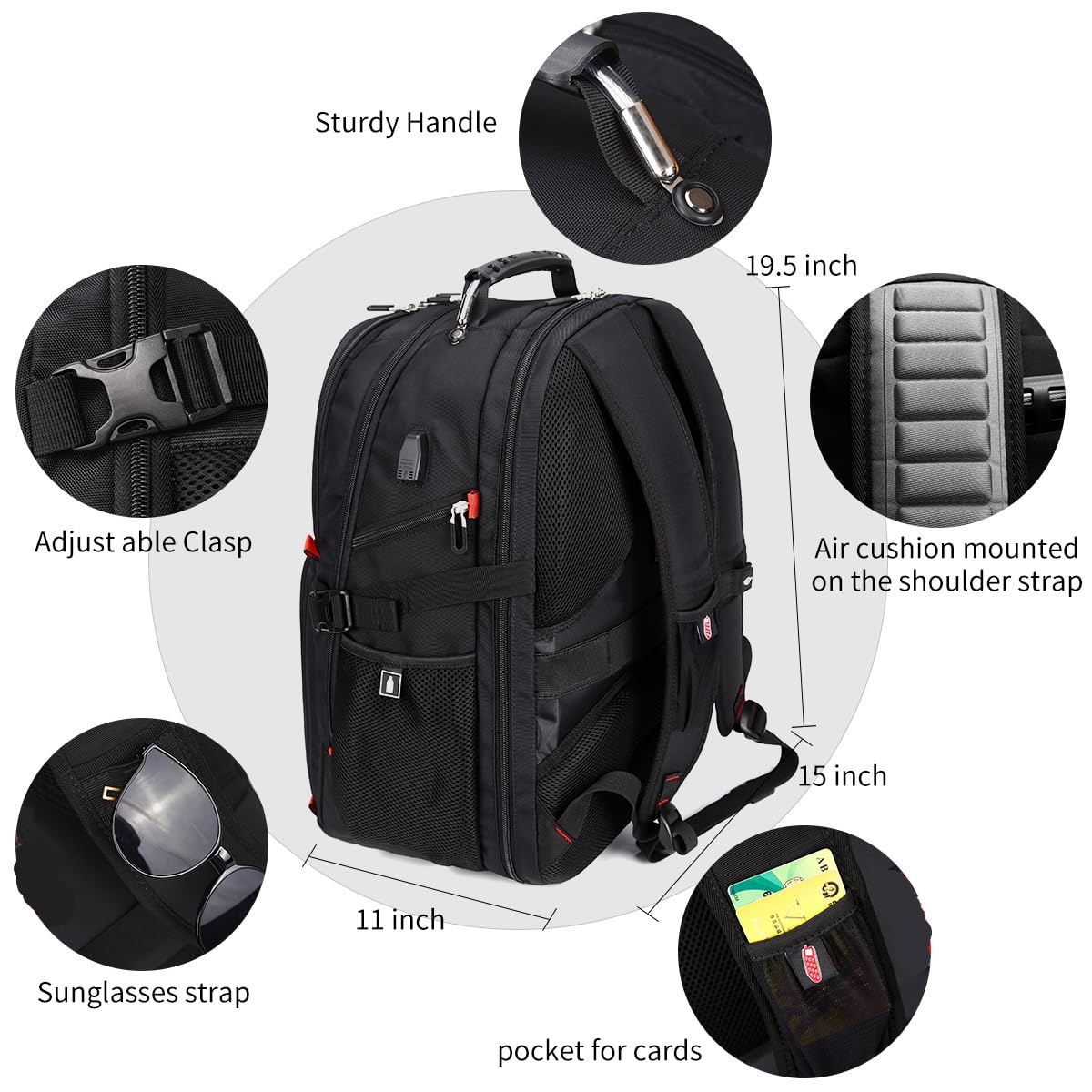 SHRRADOO Extra Large 52L Travel Laptop Backpack with USB Charging Port Fit 17 Inch Laptops for Men Women