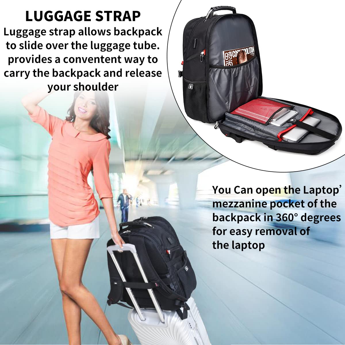 SHRRADOO Extra Large 52L Travel Laptop Backpack with USB Charging Port Fit 17 Inch Laptops for Men Women