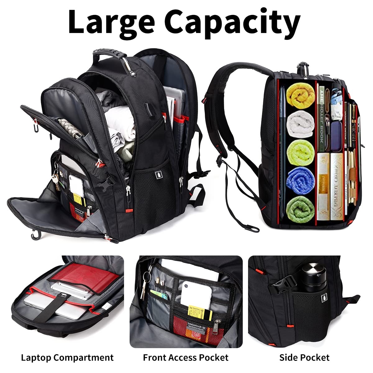 SHRRADOO Extra Large 52L Travel Laptop Backpack with USB Charging Port Fit 17 Inch Laptops for Men Women