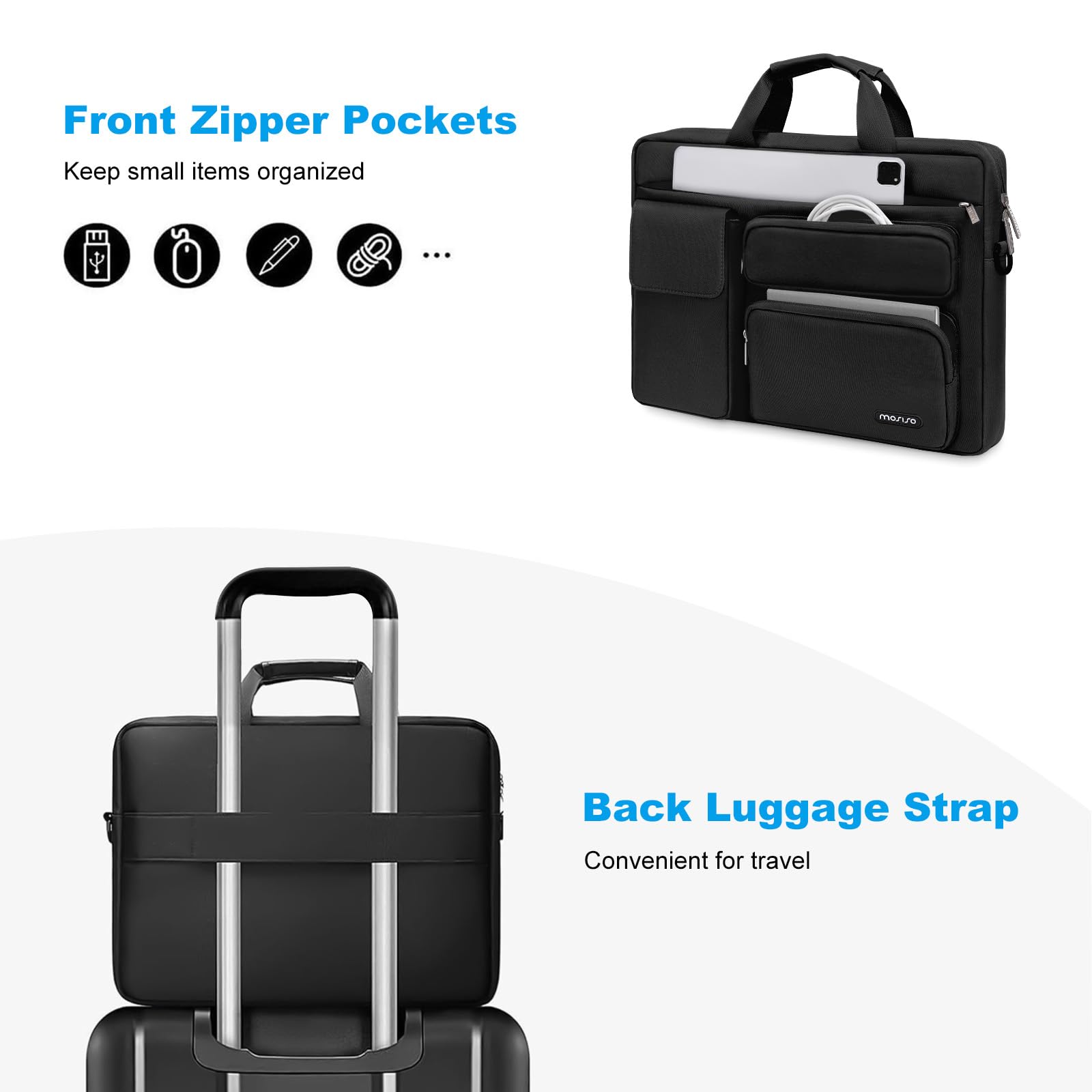 MOSISO Laptop Shoulder Messenger Bag Compatible with MacBook Pro 16 inch 2023-2019 M2 A2780 M1 A2485 A2141,15-15.6 inch Notebook with 2 Raised&1 Flapover&1 Horizontal Pocket&Handle&Belt, Black
