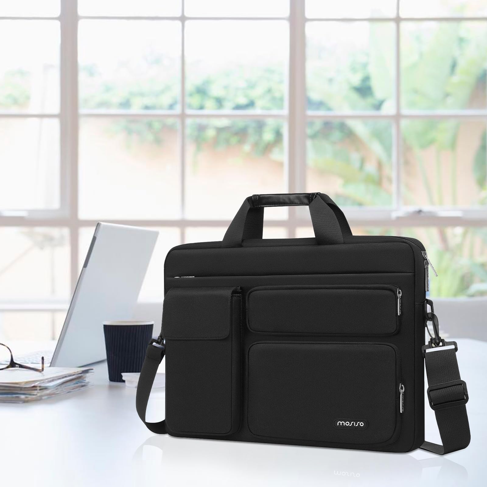 MOSISO Laptop Shoulder Messenger Bag Compatible with MacBook Pro 16 inch 2023-2019 M2 A2780 M1 A2485 A2141,15-15.6 inch Notebook with 2 Raised&1 Flapover&1 Horizontal Pocket&Handle&Belt, Black