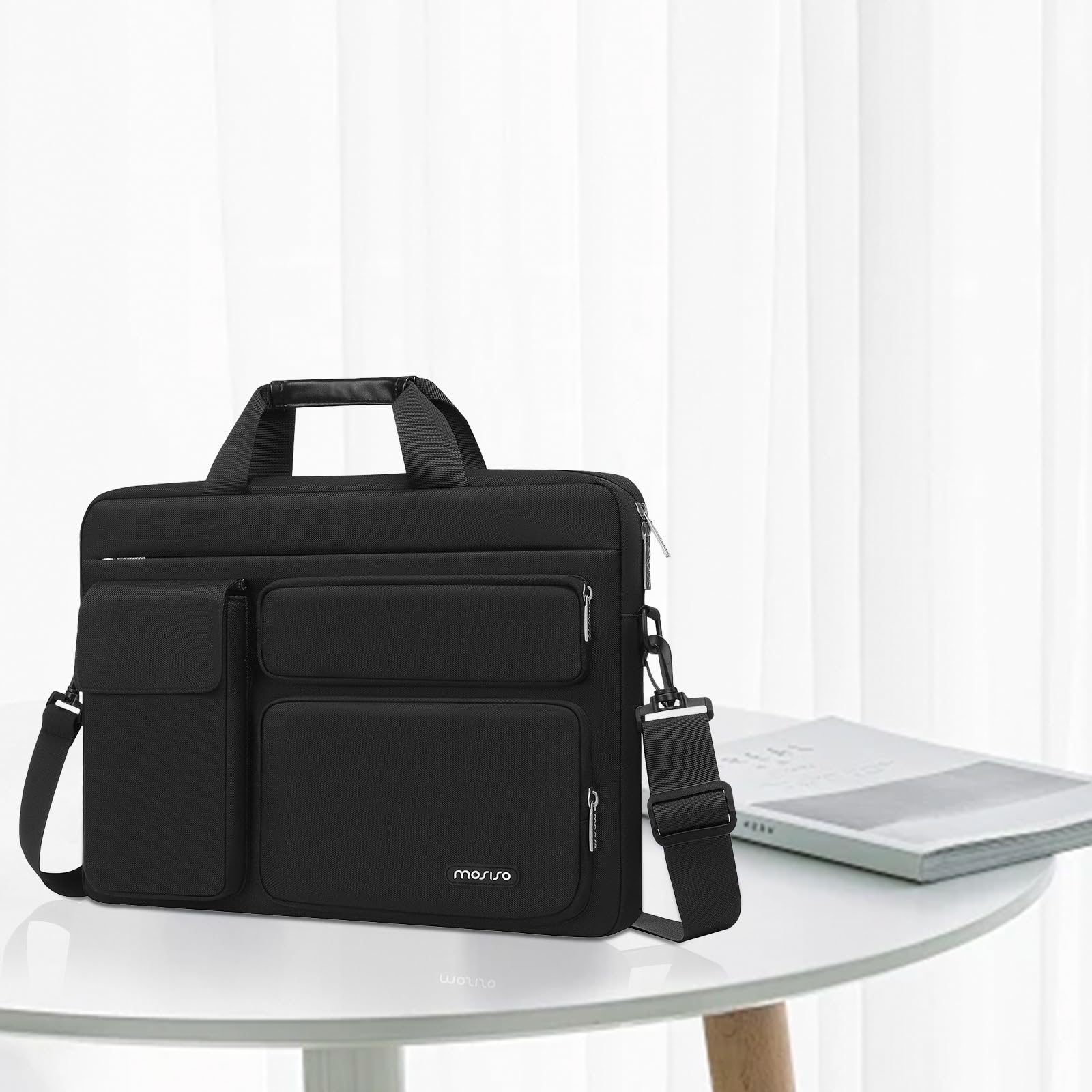 MOSISO Laptop Shoulder Messenger Bag Compatible with MacBook Pro 16 inch 2023-2019 M2 A2780 M1 A2485 A2141,15-15.6 inch Notebook with 2 Raised&1 Flapover&1 Horizontal Pocket&Handle&Belt, Black