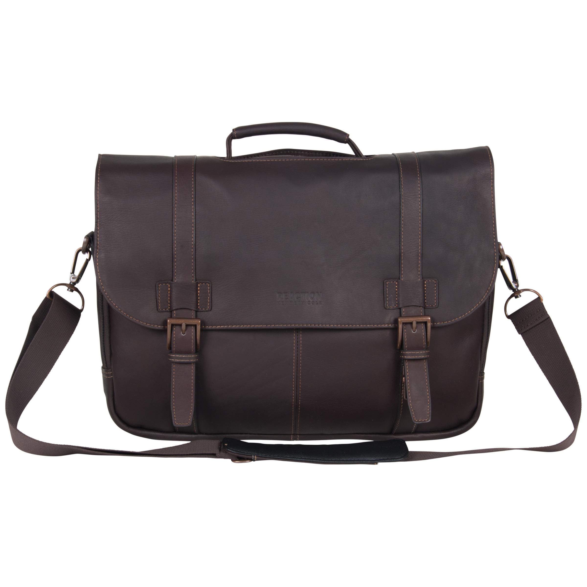 KENNETH COLE REACTION Show Business Messenger Briefcase Colombian Leather 16” Laptop Computer Portfolio Satchel Work Bag, Dark Brown, One Size
