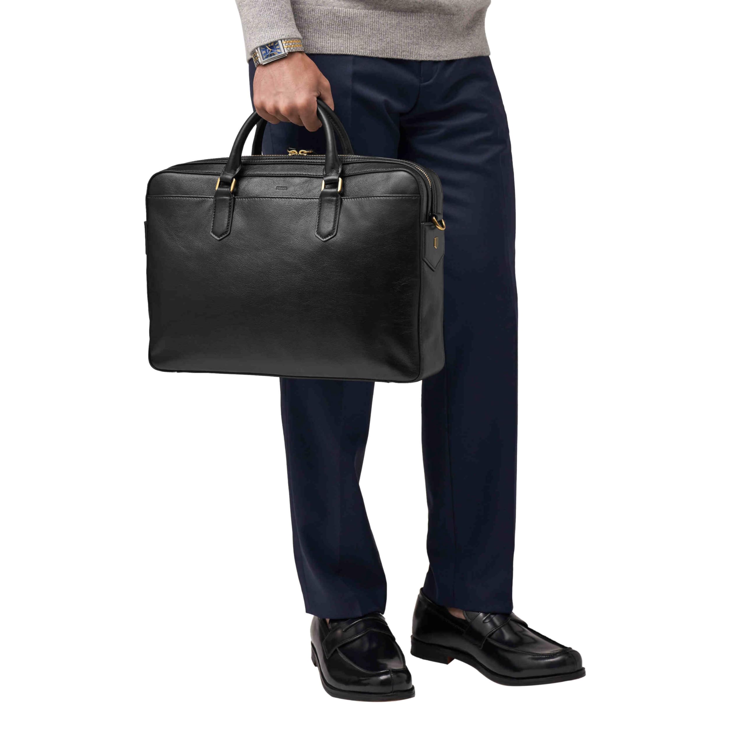 Fossil Men's Haskell Leather Double Zip Briefcase Messenger Laptop Bag, Cognac , (Model: MBG9342222)