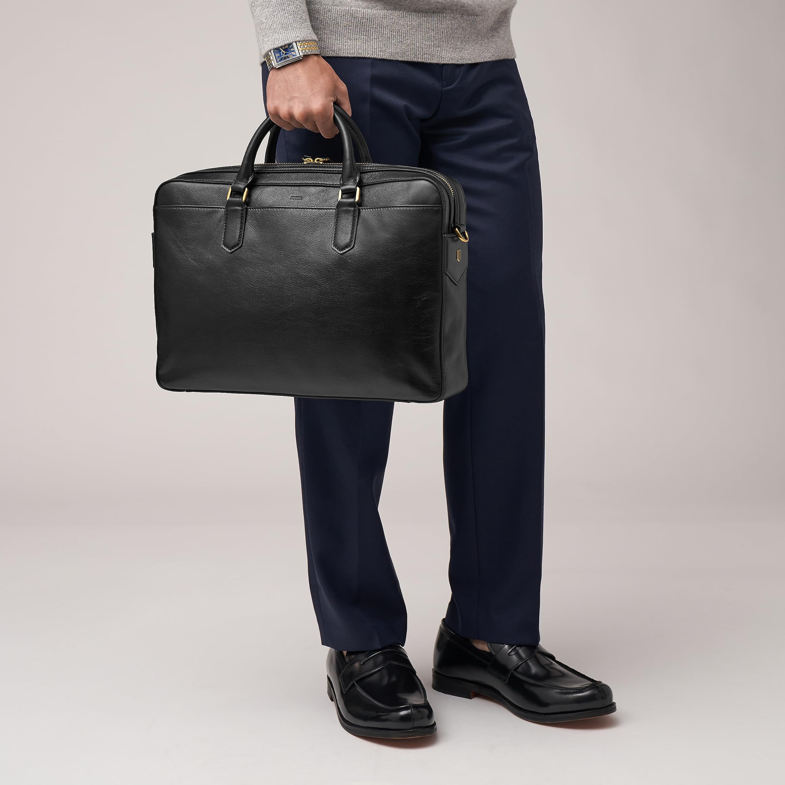 Fossil Men's Haskell Leather Double Zip Briefcase Messenger Laptop Bag, Cognac , (Model: MBG9342222)