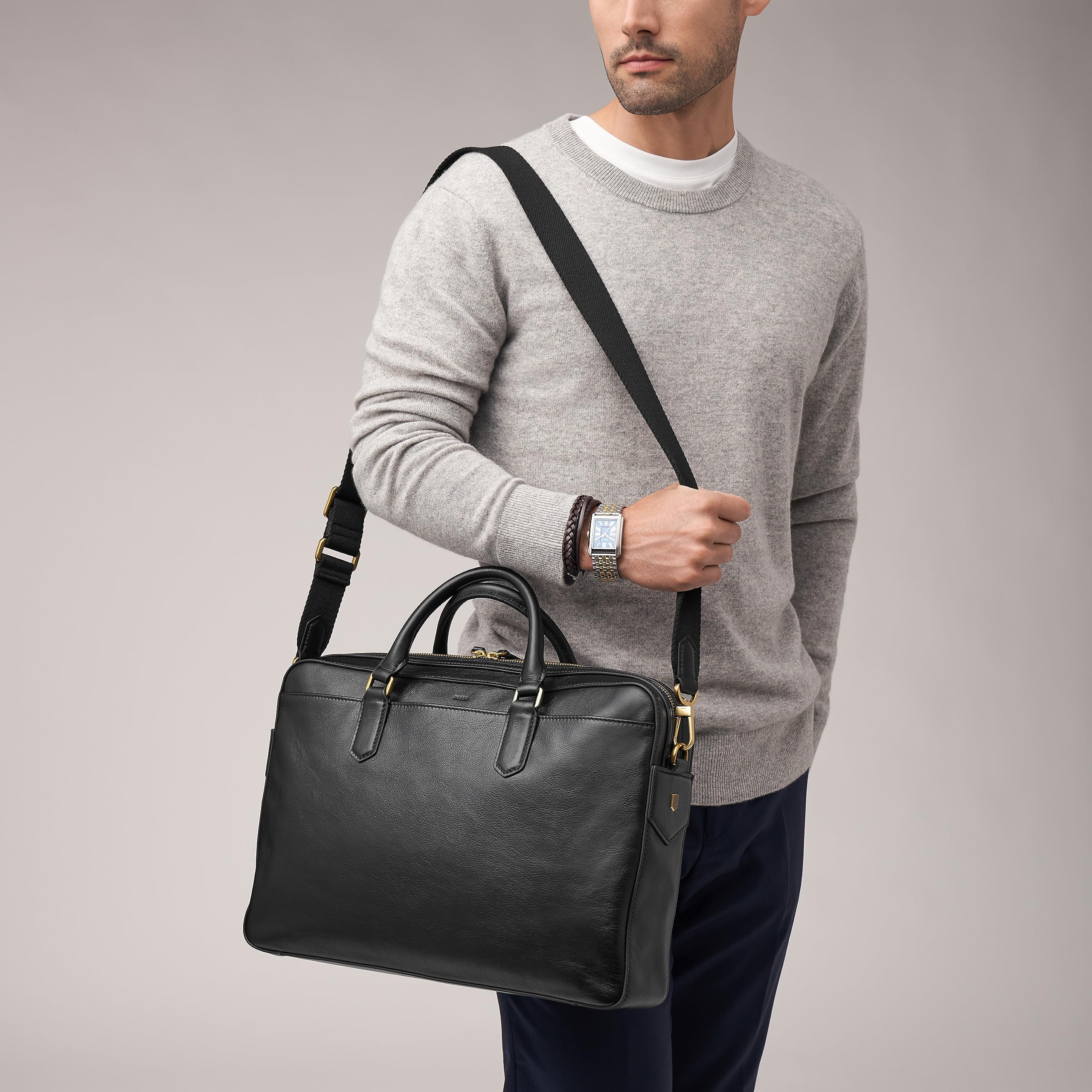Fossil Men's Haskell Leather Double Zip Briefcase Messenger Laptop Bag, Cognac , (Model: MBG9342222)