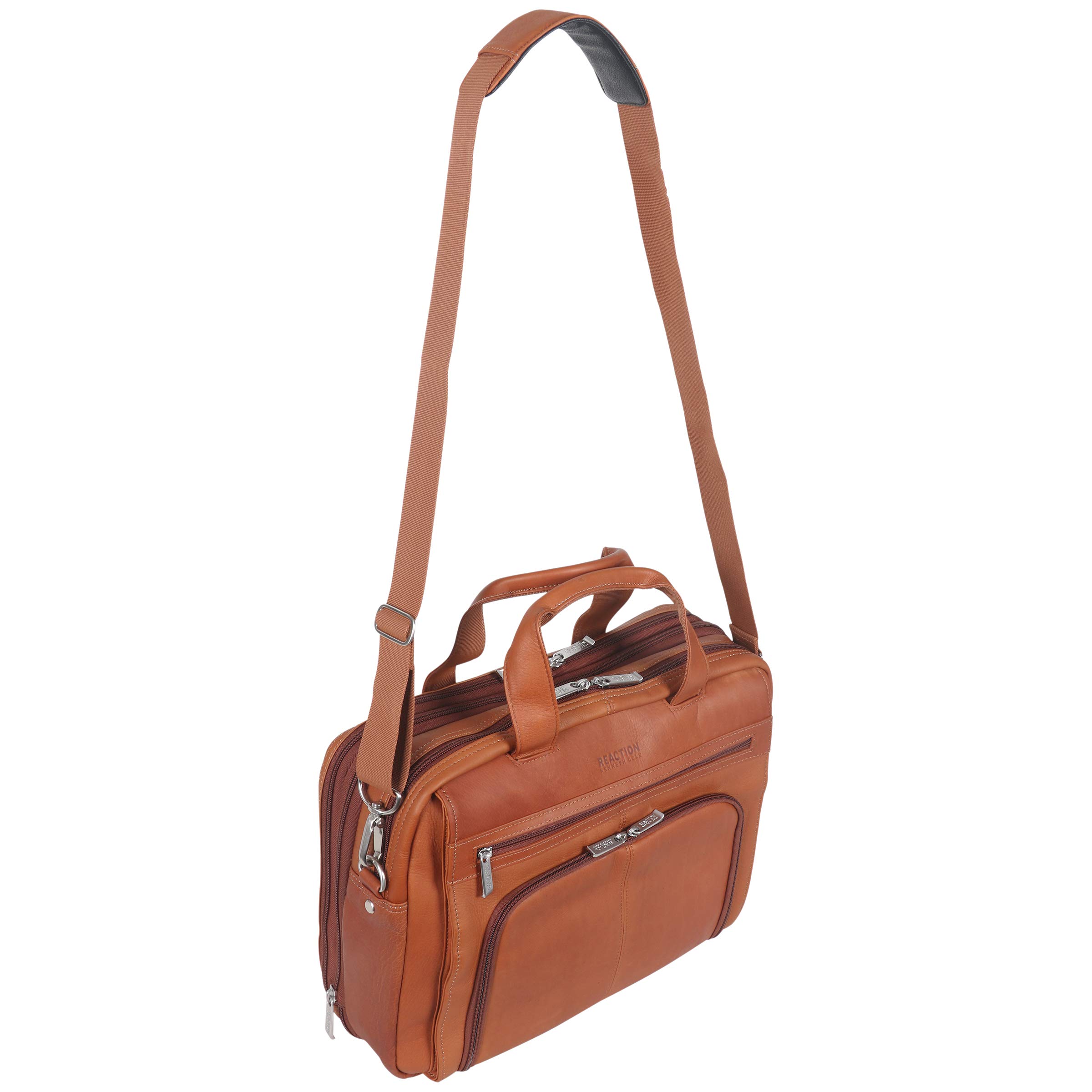 Kenneth Cole Reaction Manhattan Colombian Leather Briefcase Expandable RFID 15.6" Laptop Portfolio Shoulder Bag, Cognac, One Size