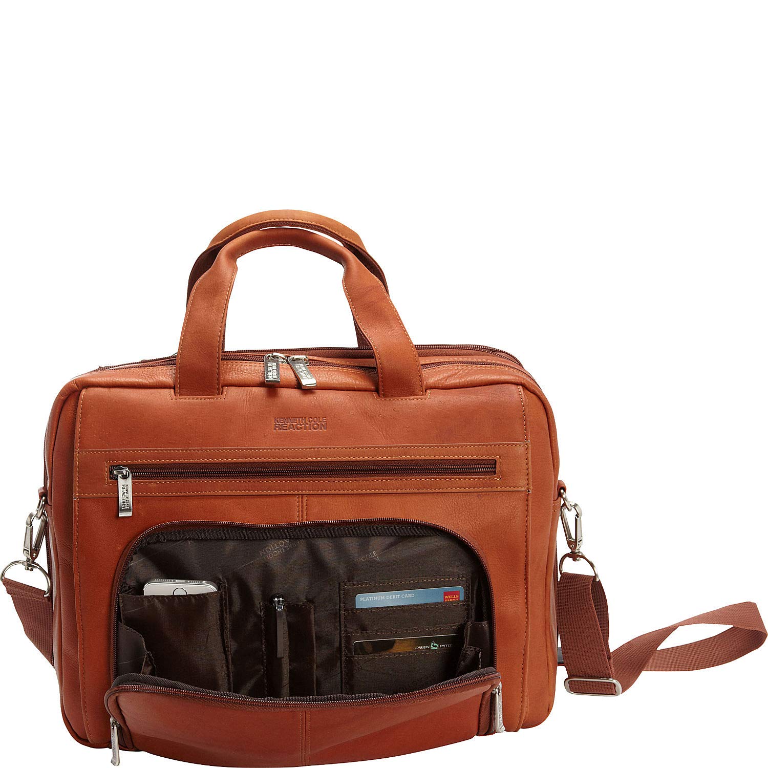 Kenneth Cole Reaction Manhattan Colombian Leather Briefcase Expandable RFID 15.6" Laptop Portfolio Shoulder Bag, Cognac, One Size