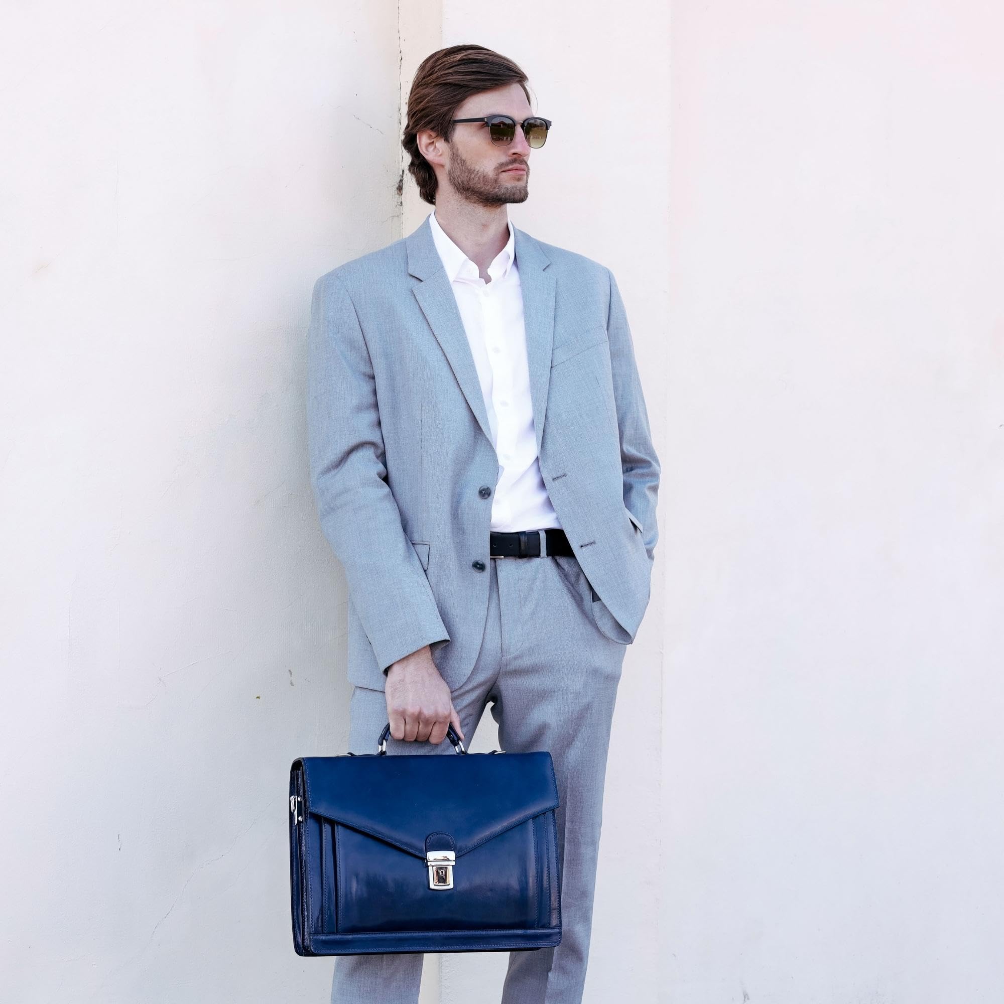 Time Resistance Leather Briefcase for Men Handmade Italian Laptop Bag Classy Blue Attache Case
