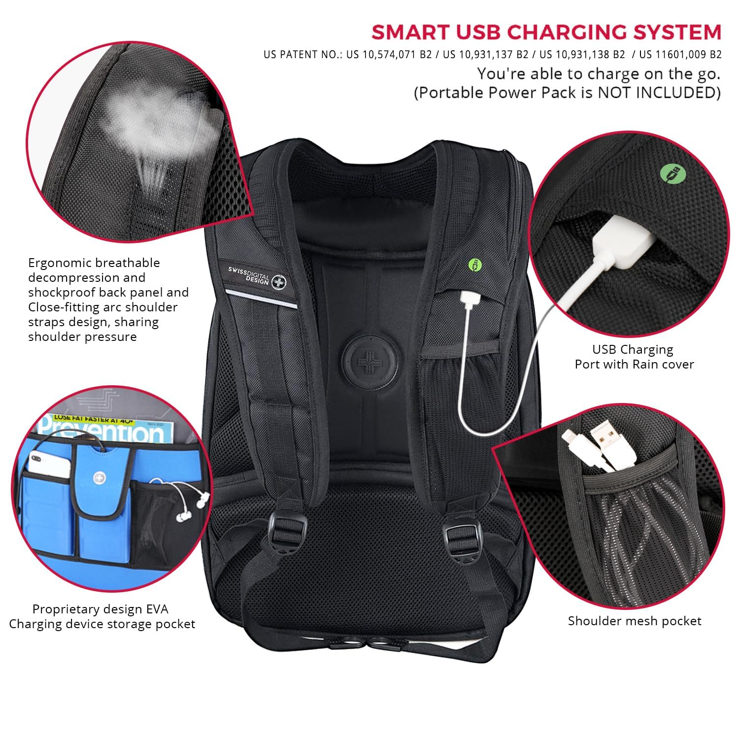 Swissdigital Terabyte TSA-Friendly Water-Resistant Large Backpack, Business Laptop Backpack for Men with USB Charging Port/RFID Protection Big School Bookbag Fits up to 15.6" Travel Laptop Backpack