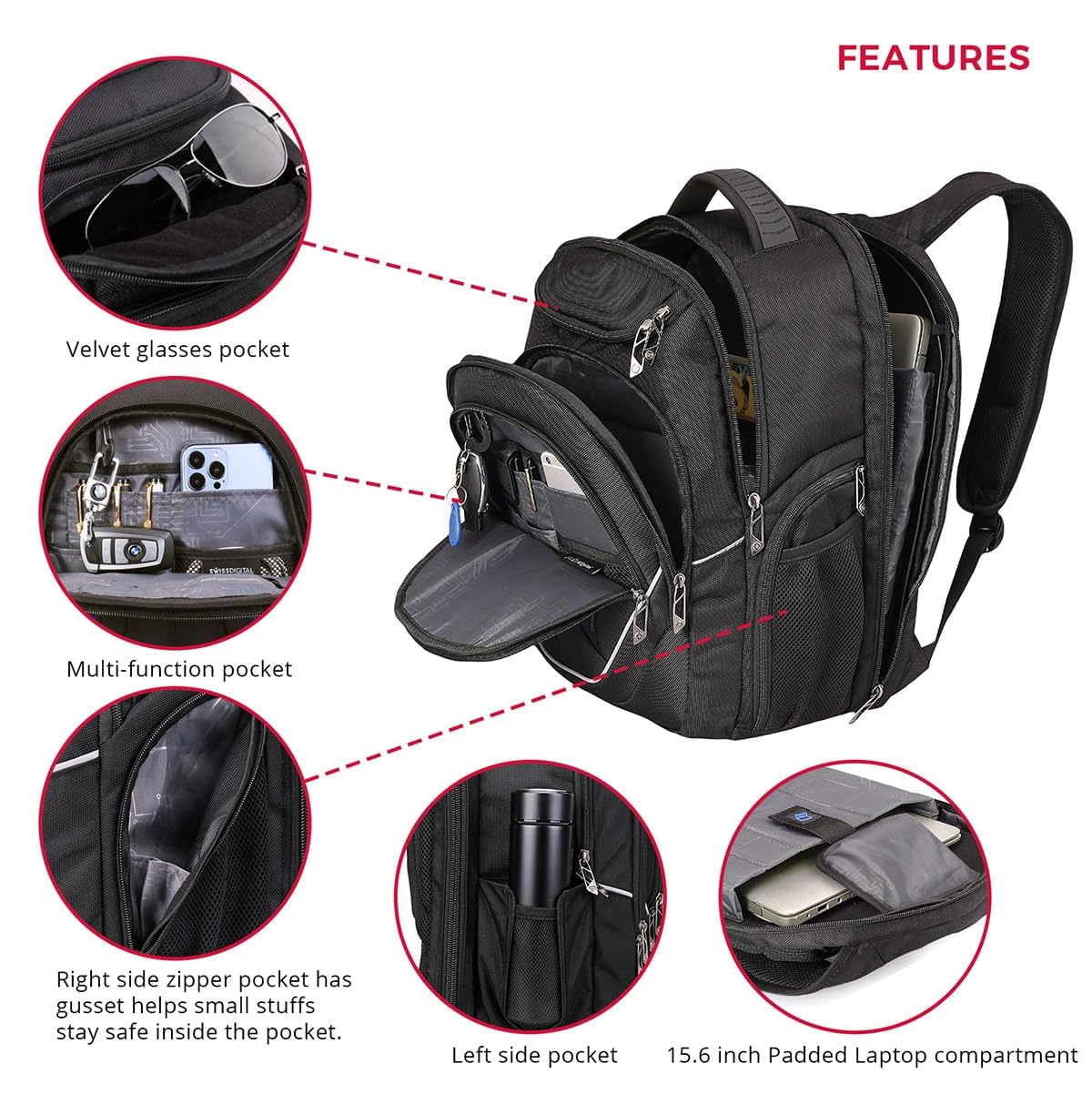 Swissdigital Terabyte TSA-Friendly Water-Resistant Large Backpack, Business Laptop Backpack for Men with USB Charging Port/RFID Protection Big School Bookbag Fits up to 15.6" Travel Laptop Backpack