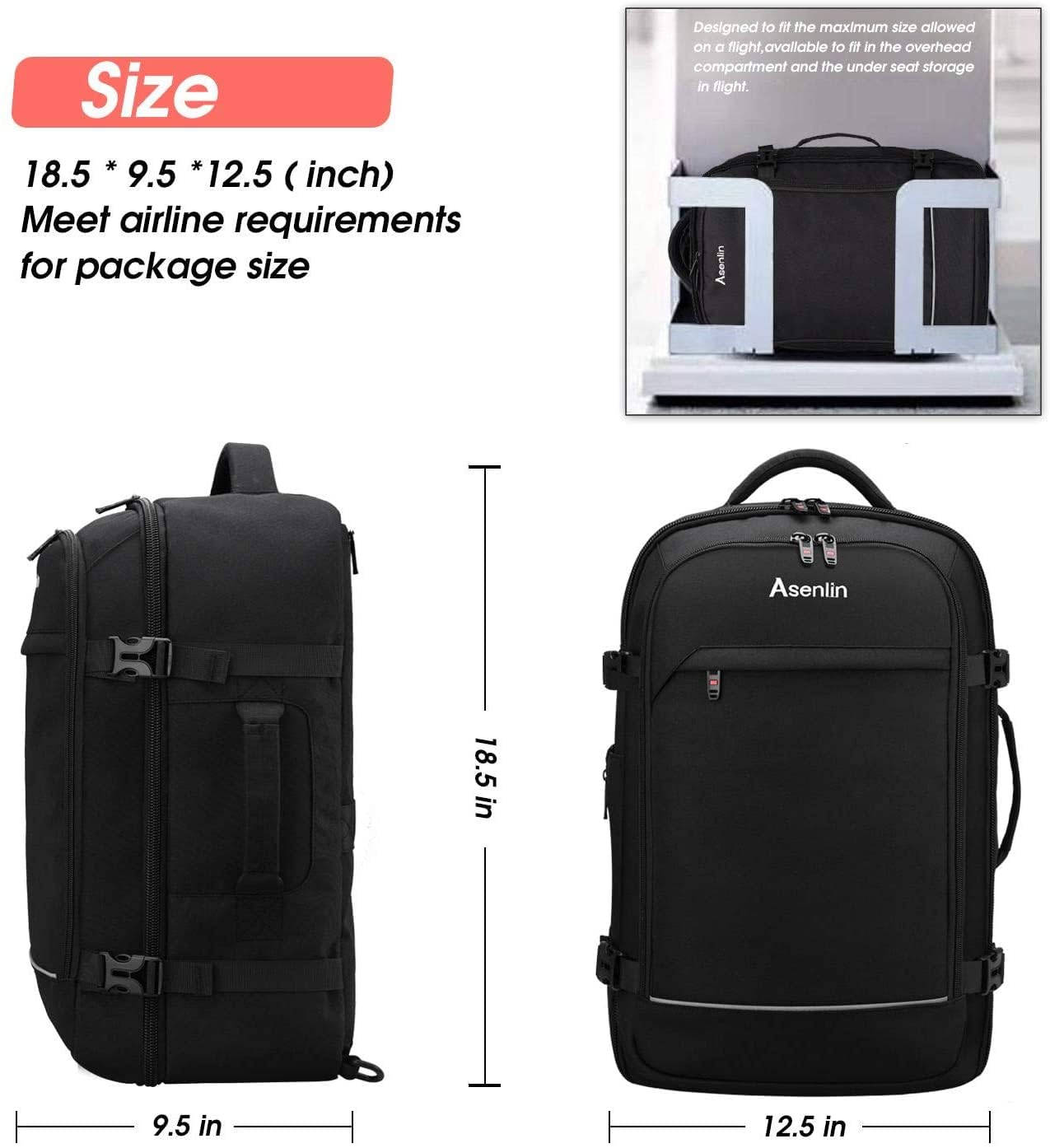 Asenlin 40L Travel Backpack for Women Men,17 Inch Laptop Backpack Flight Approved Luggage Carry On Water Resistant Computer Backpack for Weekender Overnight Large Daypack Black