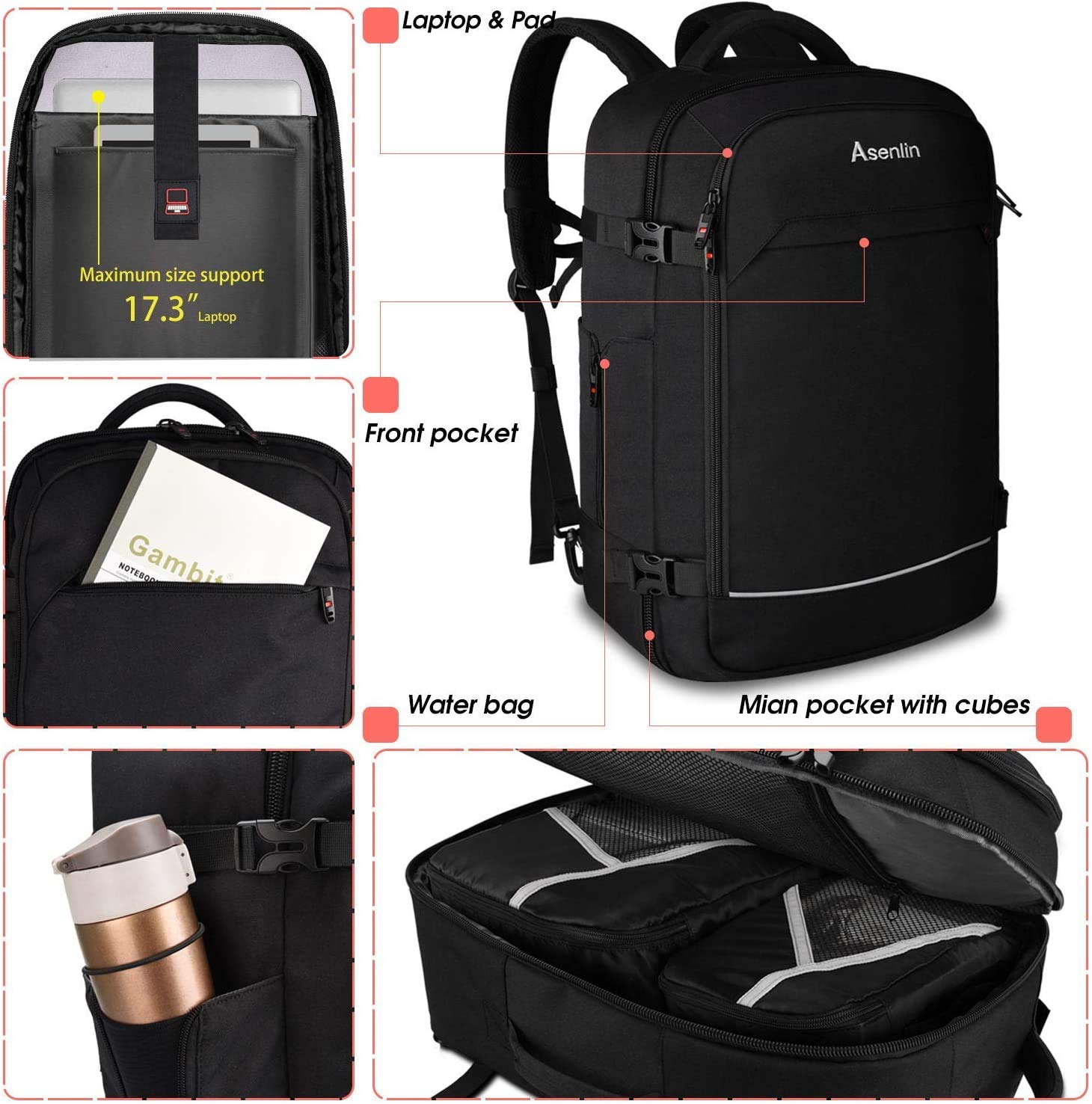 Asenlin 40L Travel Backpack for Women Men,17 Inch Laptop Backpack Flight Approved Luggage Carry On Water Resistant Computer Backpack for Weekender Overnight Large Daypack Black