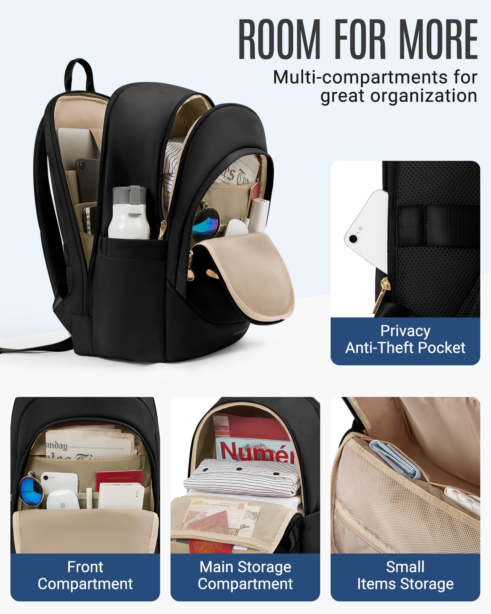 LIGHT FLIGHT Travel Laptop Backpack Women, 15.6 Inch Anti Theft Laptop Backpack with USB Charging Hole, Water Resistant College School Bookbag, Large Capacity Black Computer Backpacks for Work, Black