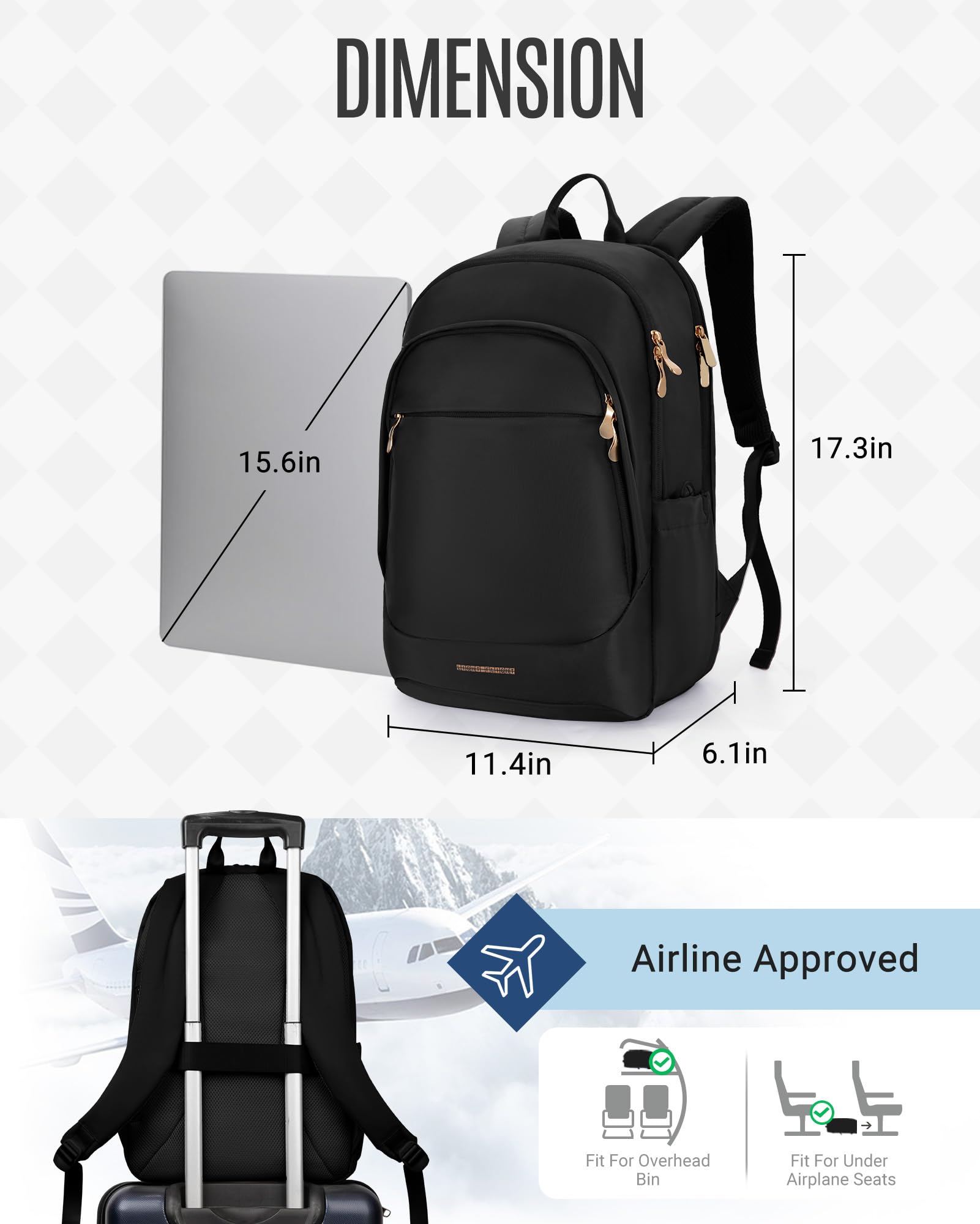 LIGHT FLIGHT Travel Laptop Backpack Women, 15.6 Inch Anti Theft Laptop Backpack with USB Charging Hole, Water Resistant College School Bookbag, Large Capacity Black Computer Backpacks for Work, Black