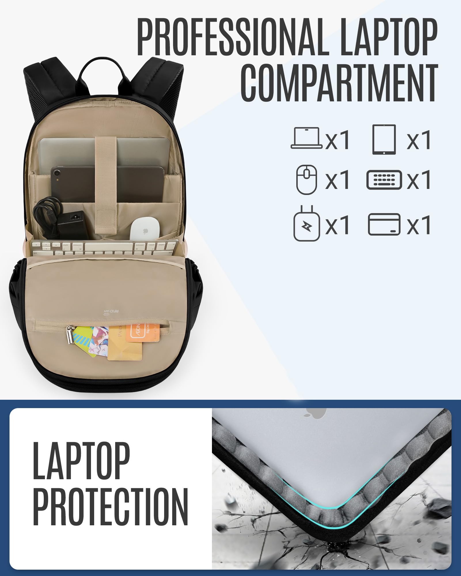 LIGHT FLIGHT Travel Laptop Backpack Women, 15.6 Inch Anti Theft Laptop Backpack with USB Charging Hole, Water Resistant College School Bookbag, Large Capacity Black Computer Backpacks for Work, Black