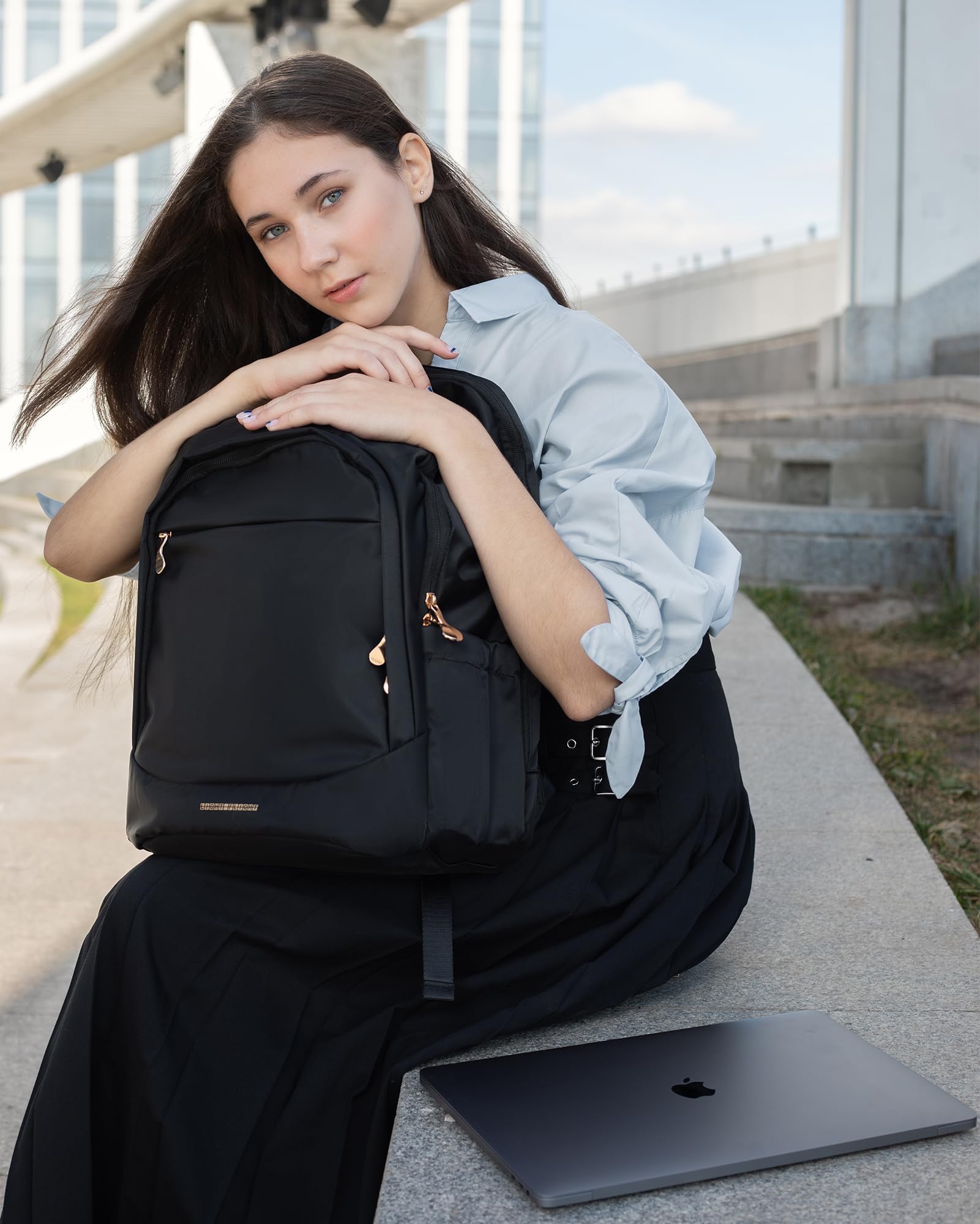 LIGHT FLIGHT Travel Laptop Backpack Women, 15.6 Inch Anti Theft Laptop Backpack with USB Charging Hole, Water Resistant College School Bookbag, Large Capacity Black Computer Backpacks for Work, Black