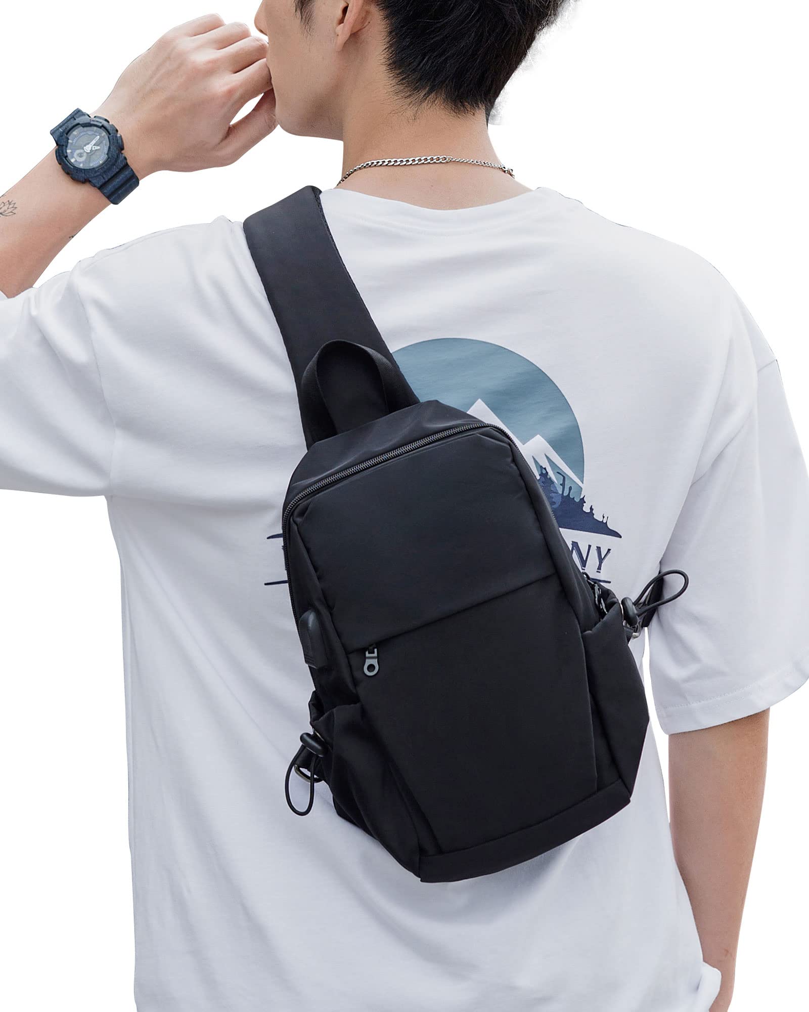 SEAFEW Small Black Sling Crossbody Backpack Shoulder Bag for Men Women, Lightweight One Strap Backpack Sling Bag Backpack for Hiking Walking Biking Travel Cycling USB Charger Port-Nylon