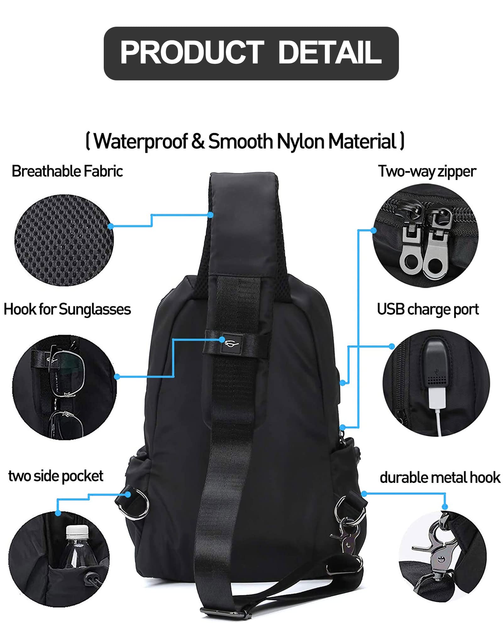 SEAFEW Small Black Sling Crossbody Backpack Shoulder Bag for Men Women, Lightweight One Strap Backpack Sling Bag Backpack for Hiking Walking Biking Travel Cycling USB Charger Port-Nylon