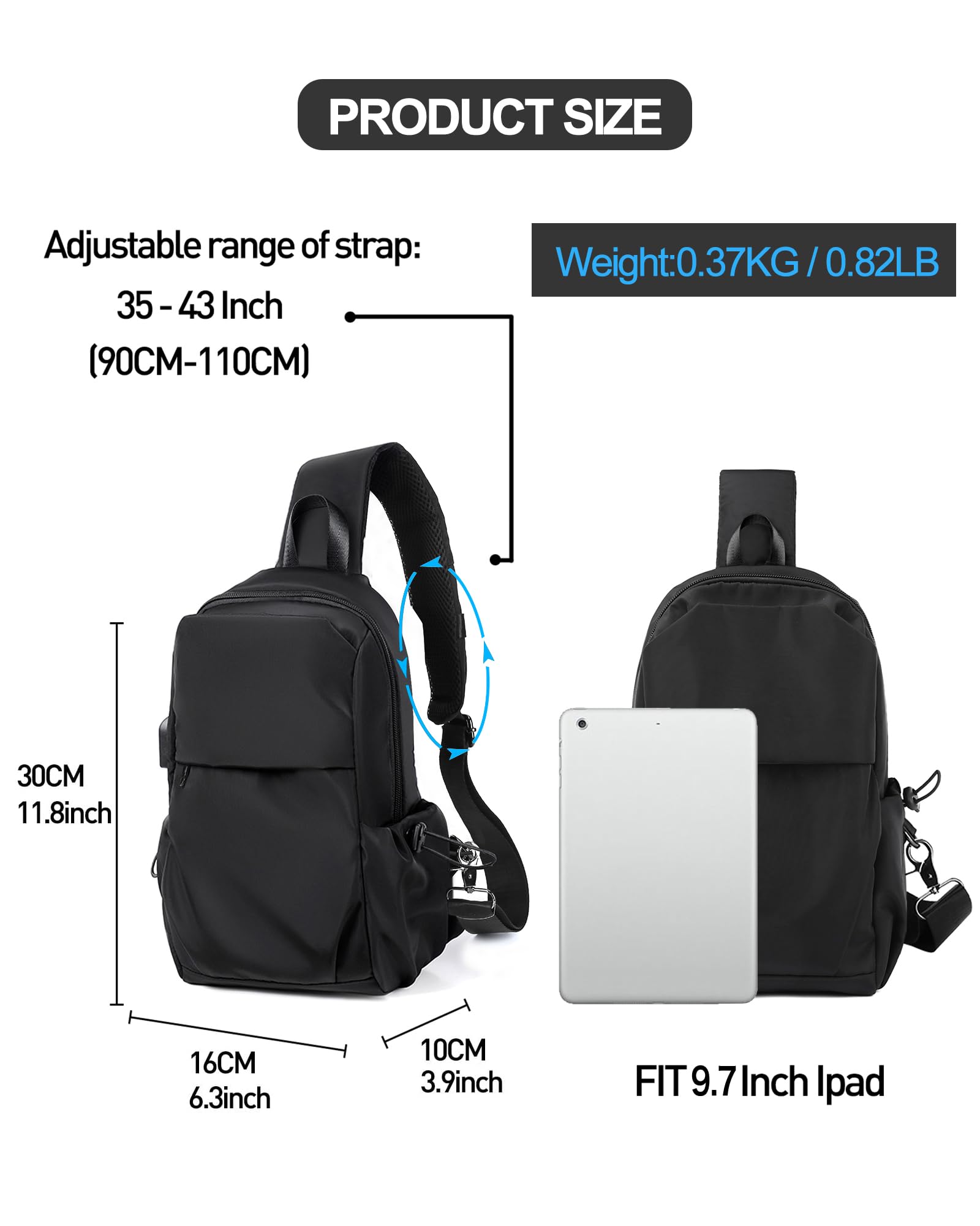 SEAFEW Small Black Sling Crossbody Backpack Shoulder Bag for Men Women, Lightweight One Strap Backpack Sling Bag Backpack for Hiking Walking Biking Travel Cycling USB Charger Port-Nylon