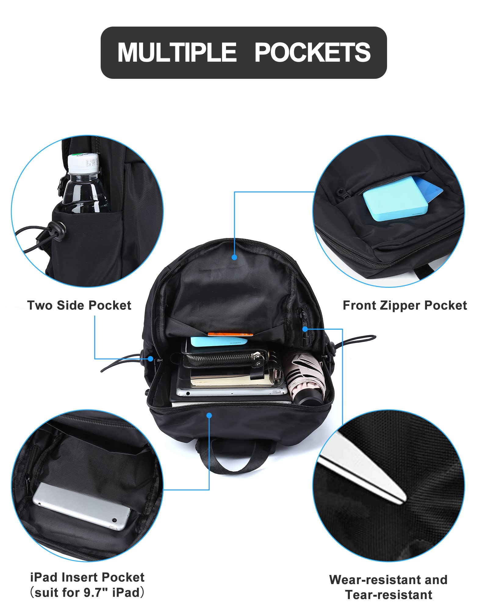 SEAFEW Small Black Sling Crossbody Backpack Shoulder Bag for Men Women, Lightweight One Strap Backpack Sling Bag Backpack for Hiking Walking Biking Travel Cycling USB Charger Port-Nylon