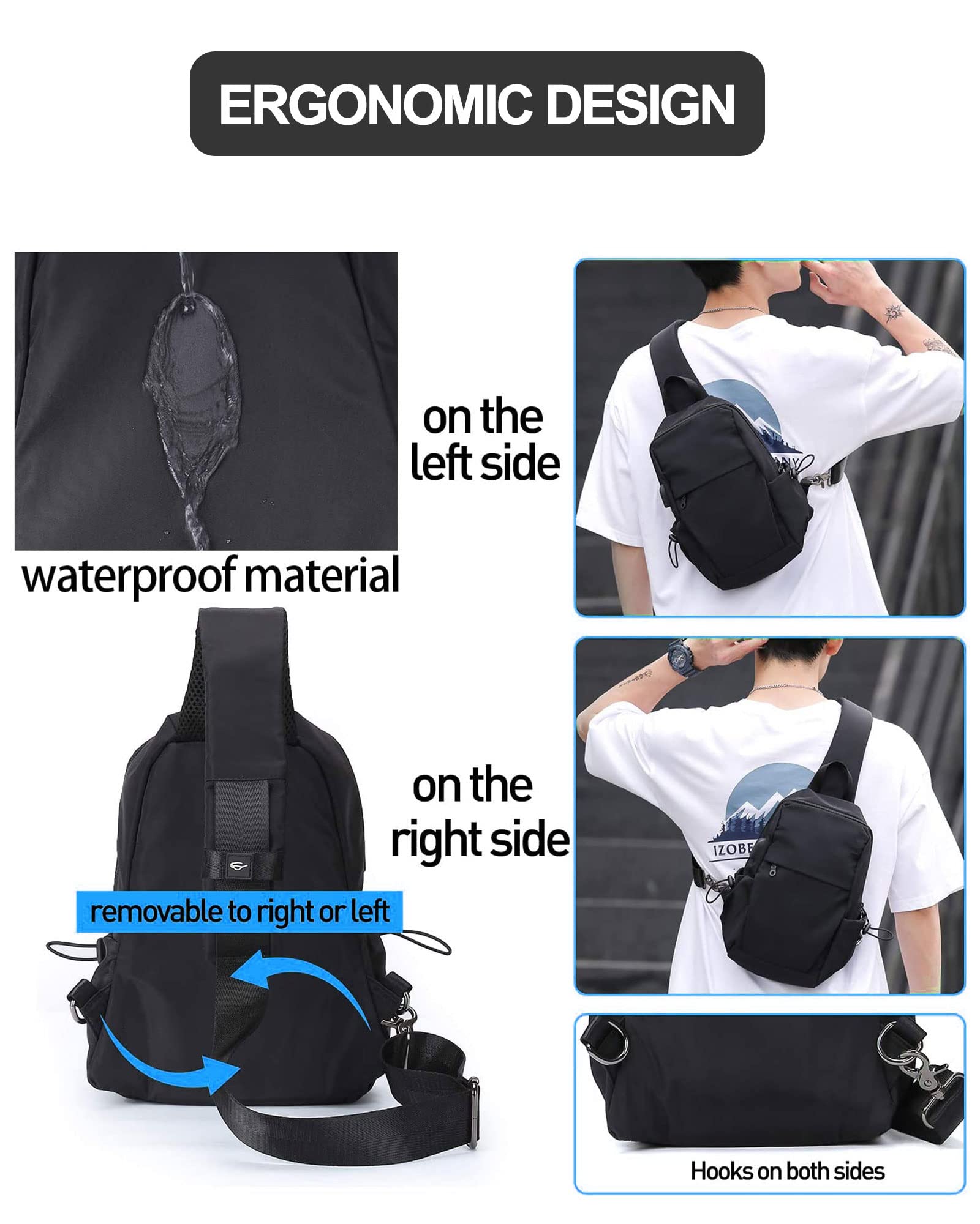 SEAFEW Small Black Sling Crossbody Backpack Shoulder Bag for Men Women, Lightweight One Strap Backpack Sling Bag Backpack for Hiking Walking Biking Travel Cycling USB Charger Port-Nylon