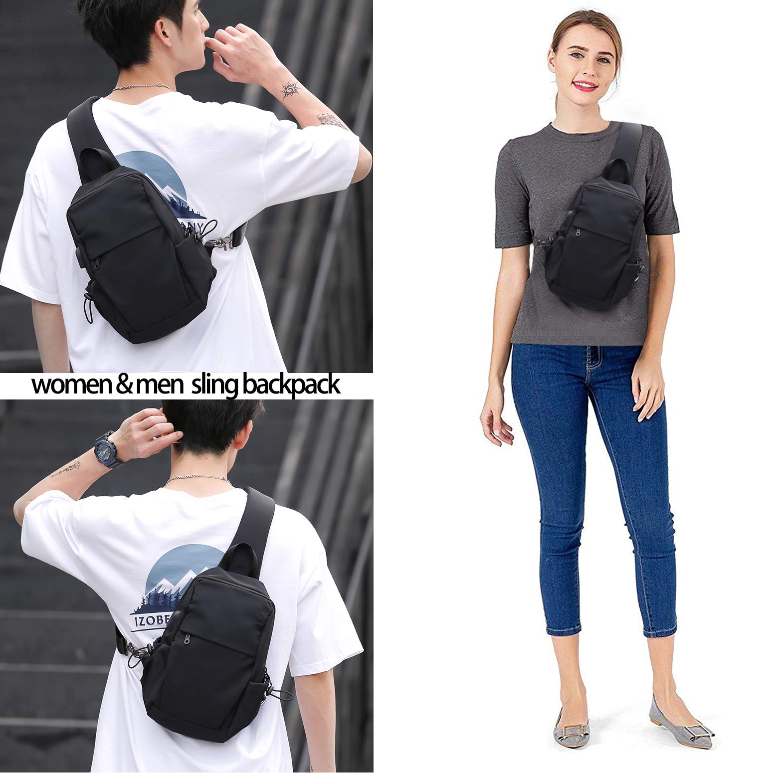 SEAFEW Small Black Sling Crossbody Backpack Shoulder Bag for Men Women, Lightweight One Strap Backpack Sling Bag Backpack for Hiking Walking Biking Travel Cycling USB Charger Port-Nylon