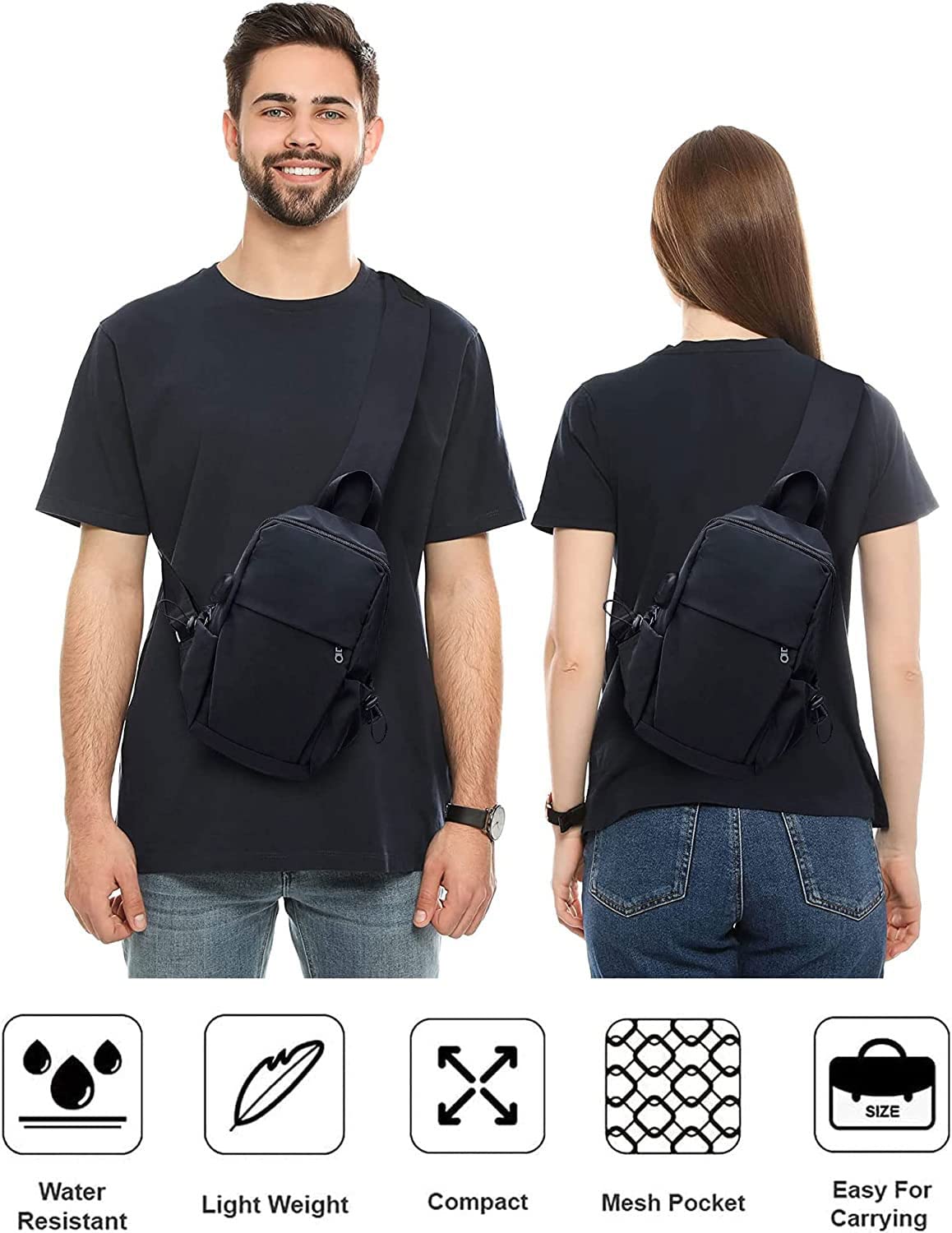 SEAFEW Small Black Sling Crossbody Backpack Shoulder Bag for Men Women, Lightweight One Strap Backpack Sling Bag Backpack for Hiking Walking Biking Travel Cycling USB Charger Port-Nylon